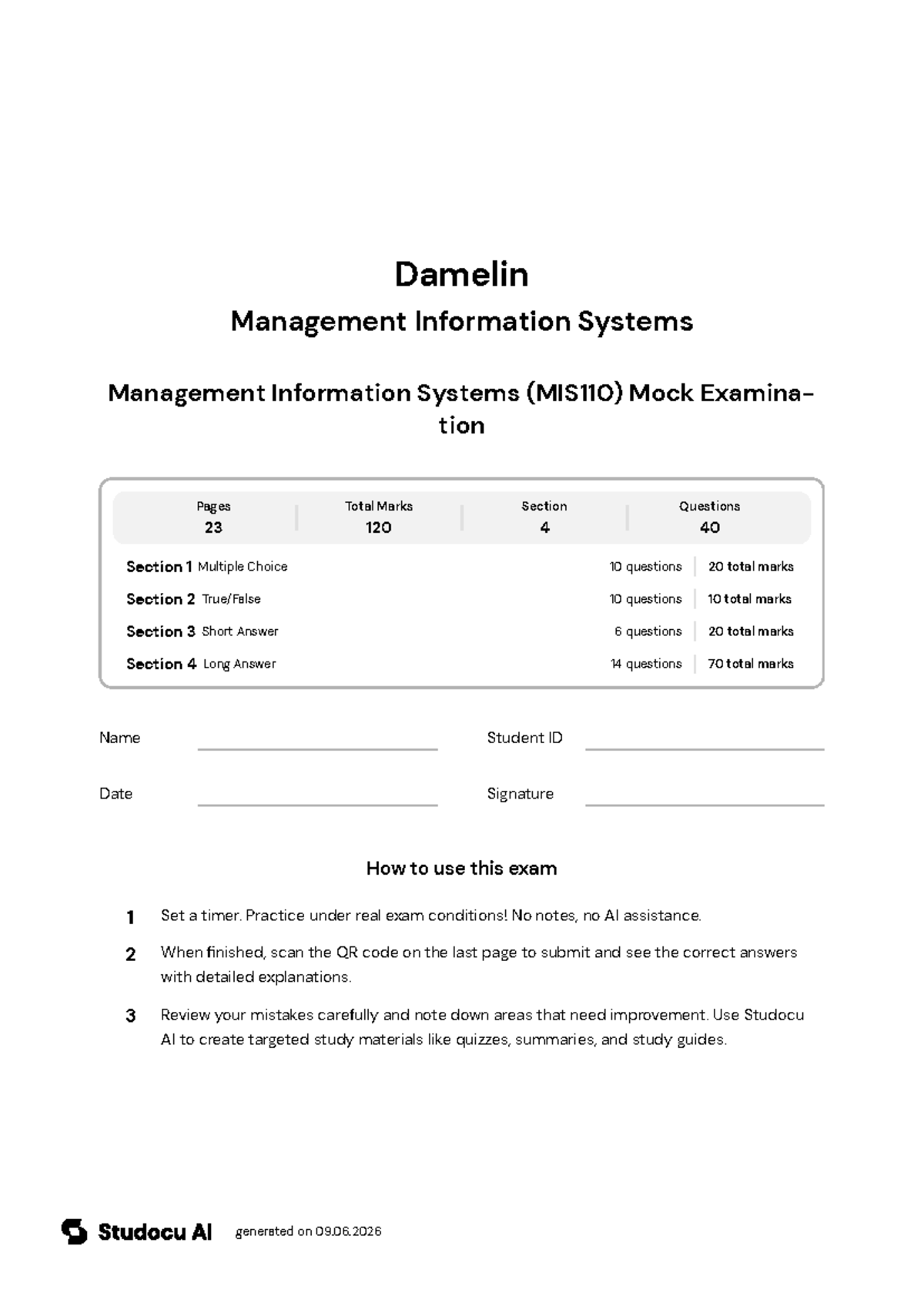 MIS110 Mock Exam: Management Information Systems - Studocu