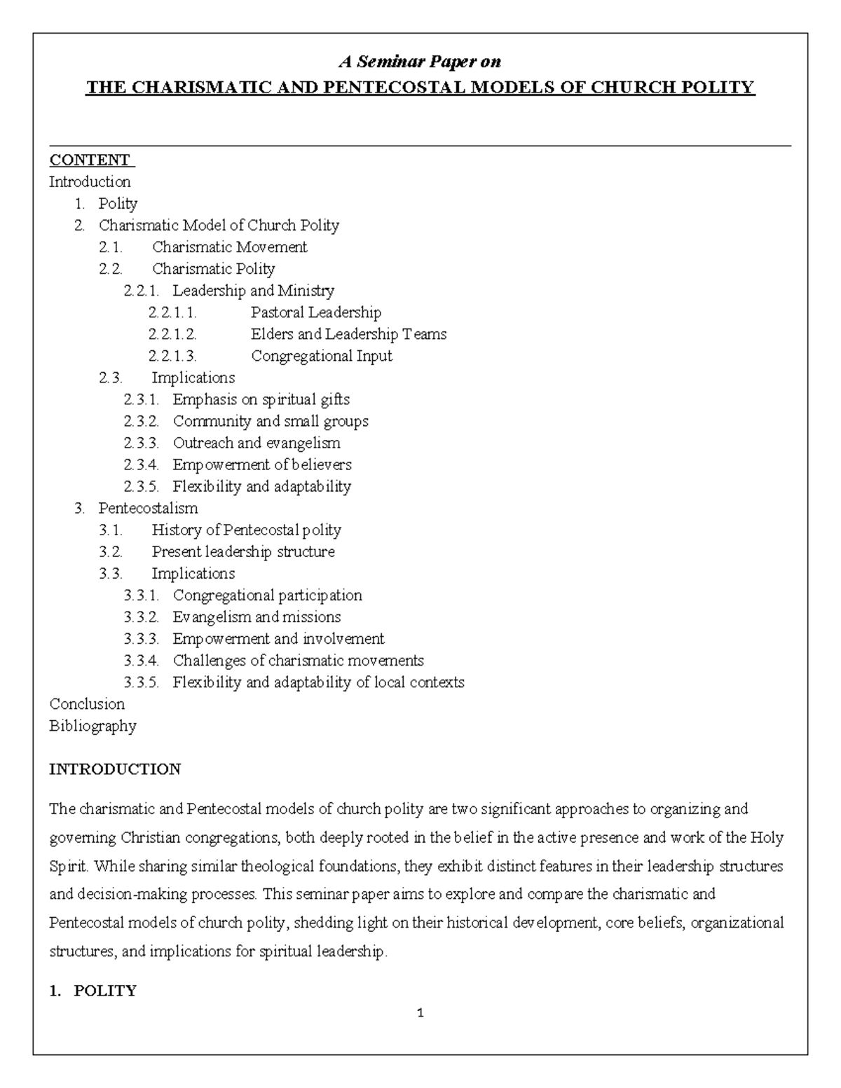 Charismatic and Pentecostal Church Polity Models: A Seminar Paper - Studocu