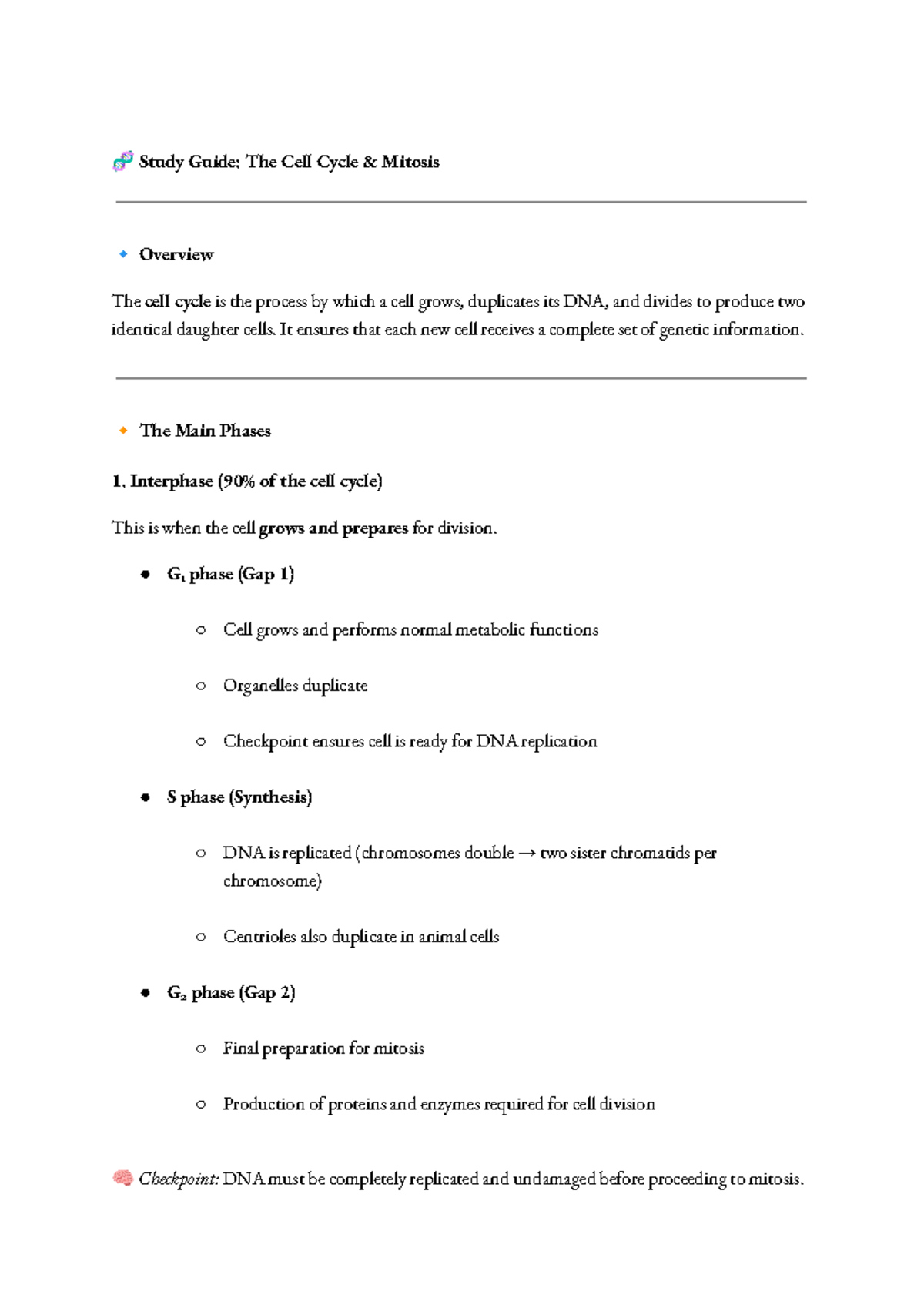 Study Guide: The Cell Cycle & Mitosis Overview - Studocu