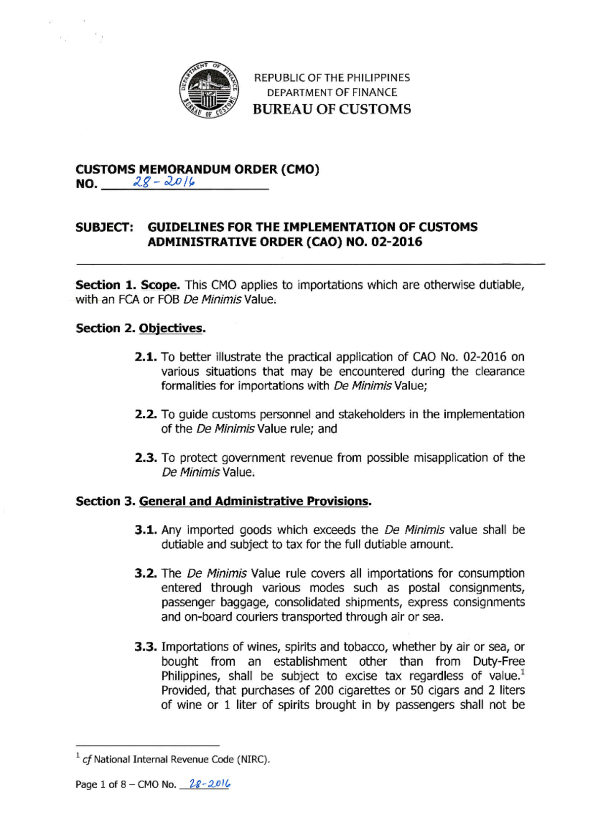 CAO No. 2016 Guidelines for Customs Implementation (CMO 28) - Studocu