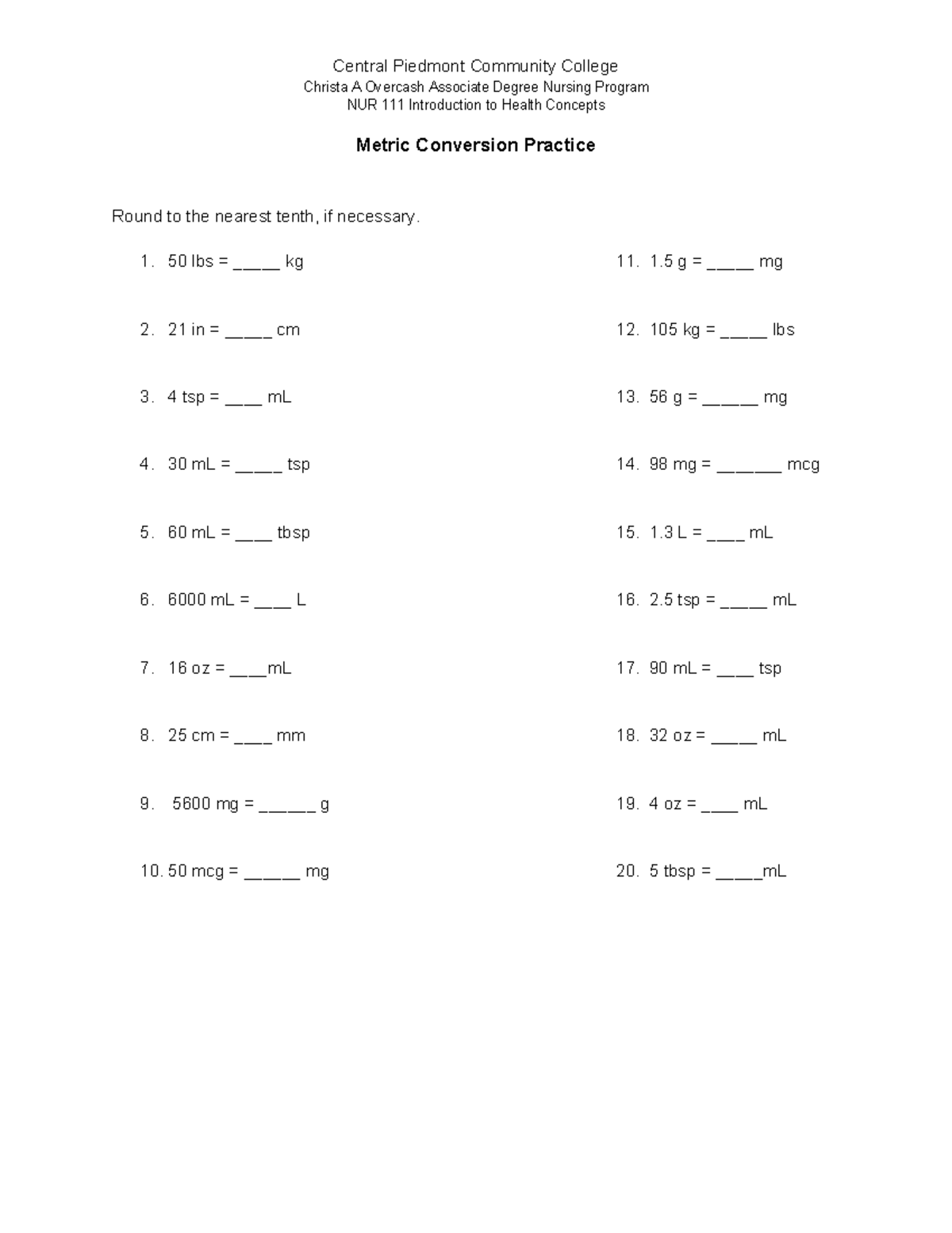 NUR Metric Conversion Practice for Health Concepts - Studocu