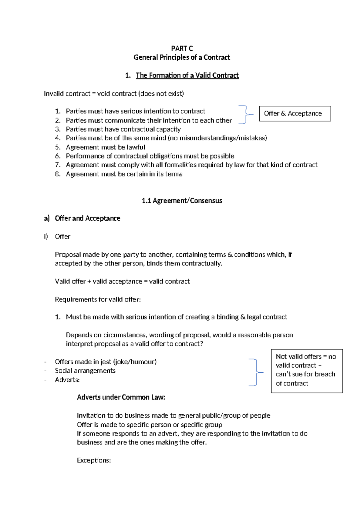 PART C: General Principles of Contract Law - Formation & Validity - Studocu