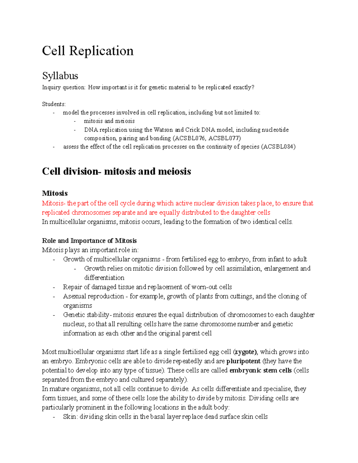 5.2 Cell Replication - Mitosis & Meiosis Overview (ACSBL076, ACSBL077 ...
