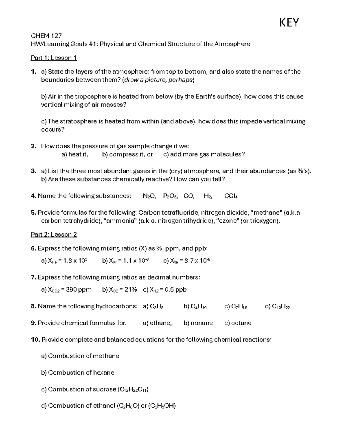 KEY CHEM 127 Lesson 1 & 2: Atmosphere Structure & Gas Laws - Studocu
