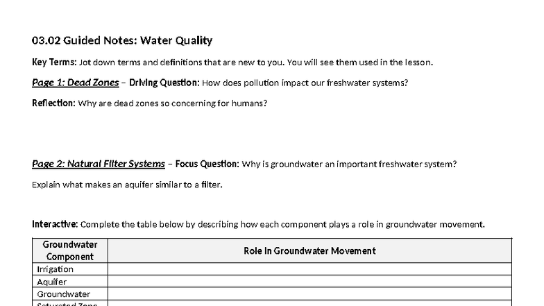 03.02 Guided Notes: Water Quality Terms & Pollution Impact - Studocu