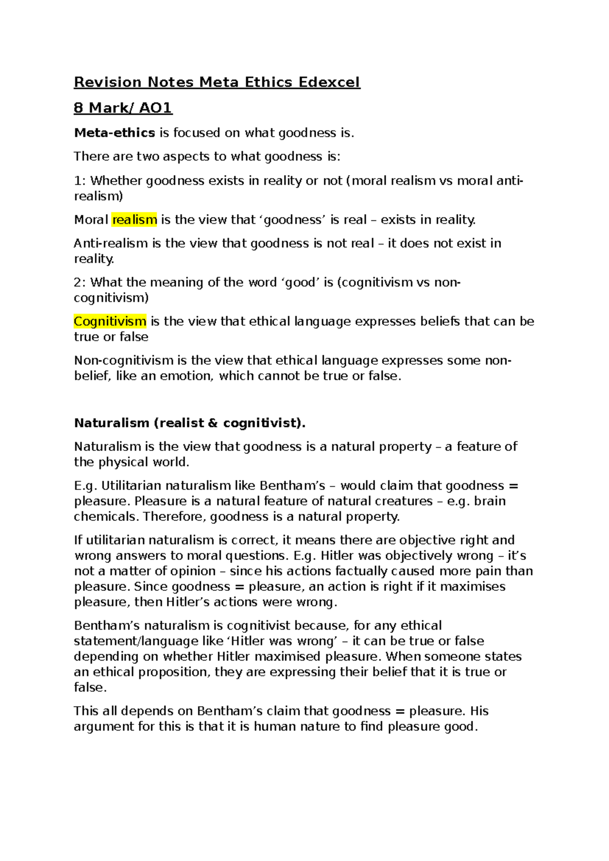 Revision Notes on Meta Ethics (Edexcel) - Key Concepts & Analysis - Studocu