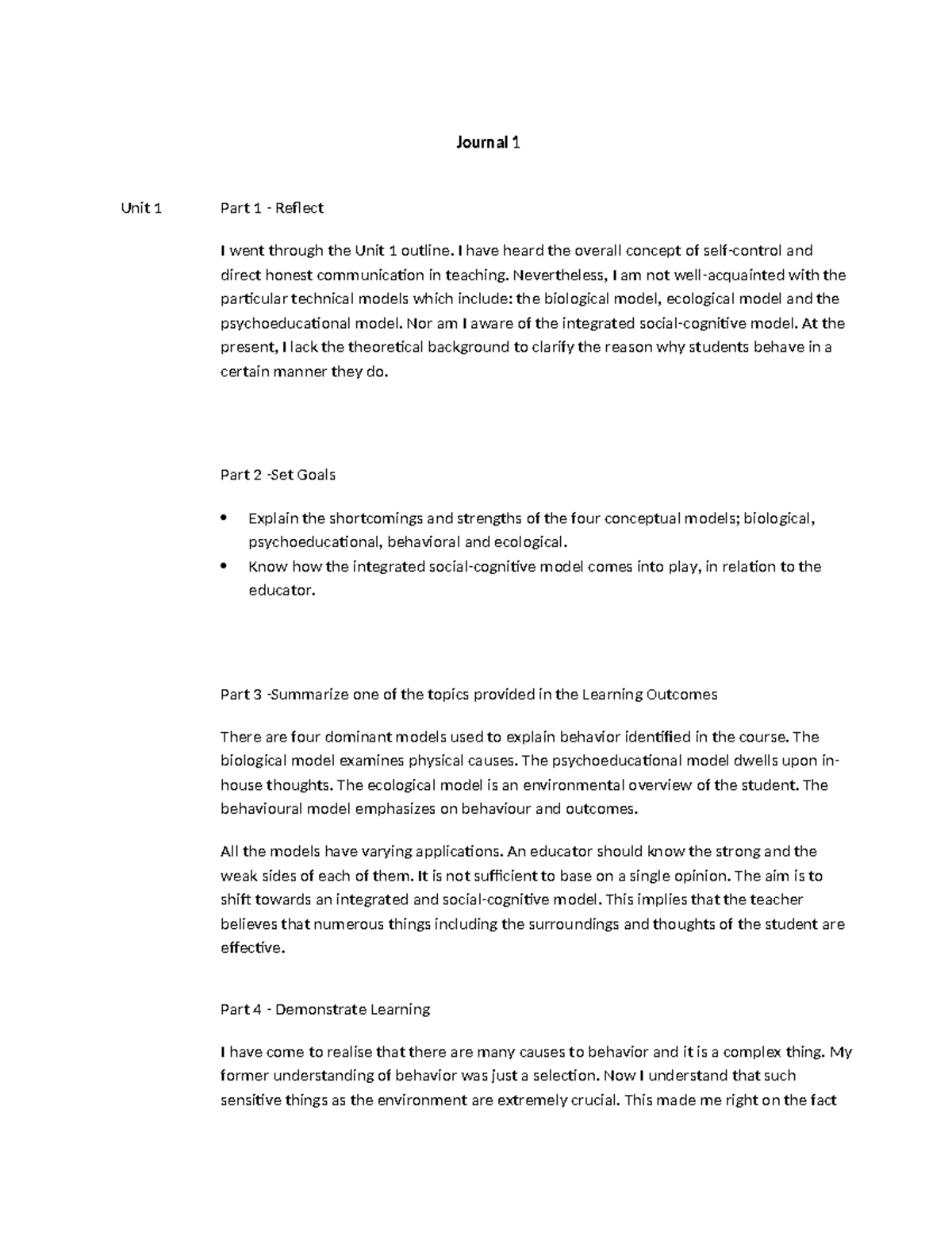 PSYC 471 Journal 1: Reflecting on Behavioral Models and EBDs - Studocu