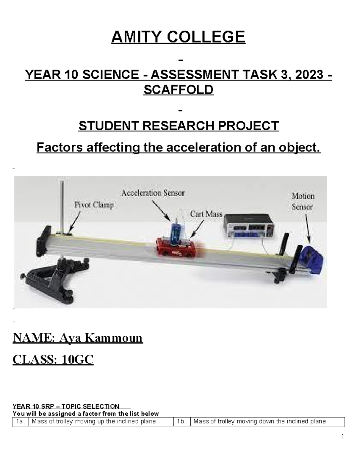 Year 10 Science SRP Task 3: Factors Influencing Acceleration - Studocu