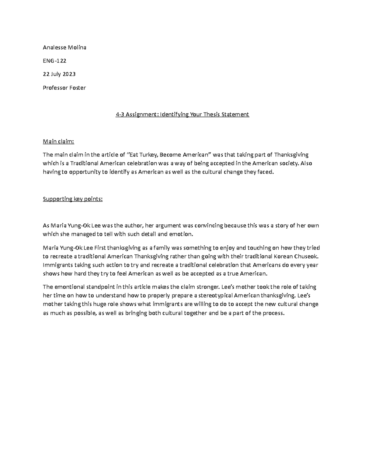 4-3 - identifying Thesis statement for "Eat turkey BecomeAmerican ...