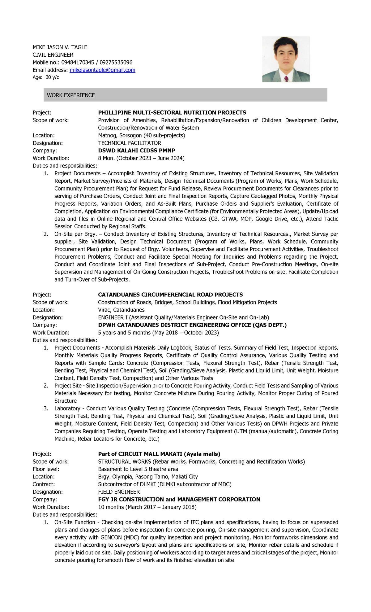 Resume 2025 mike jason v. tagle updated - MIKE JASON V. TAGLE CIVIL ...