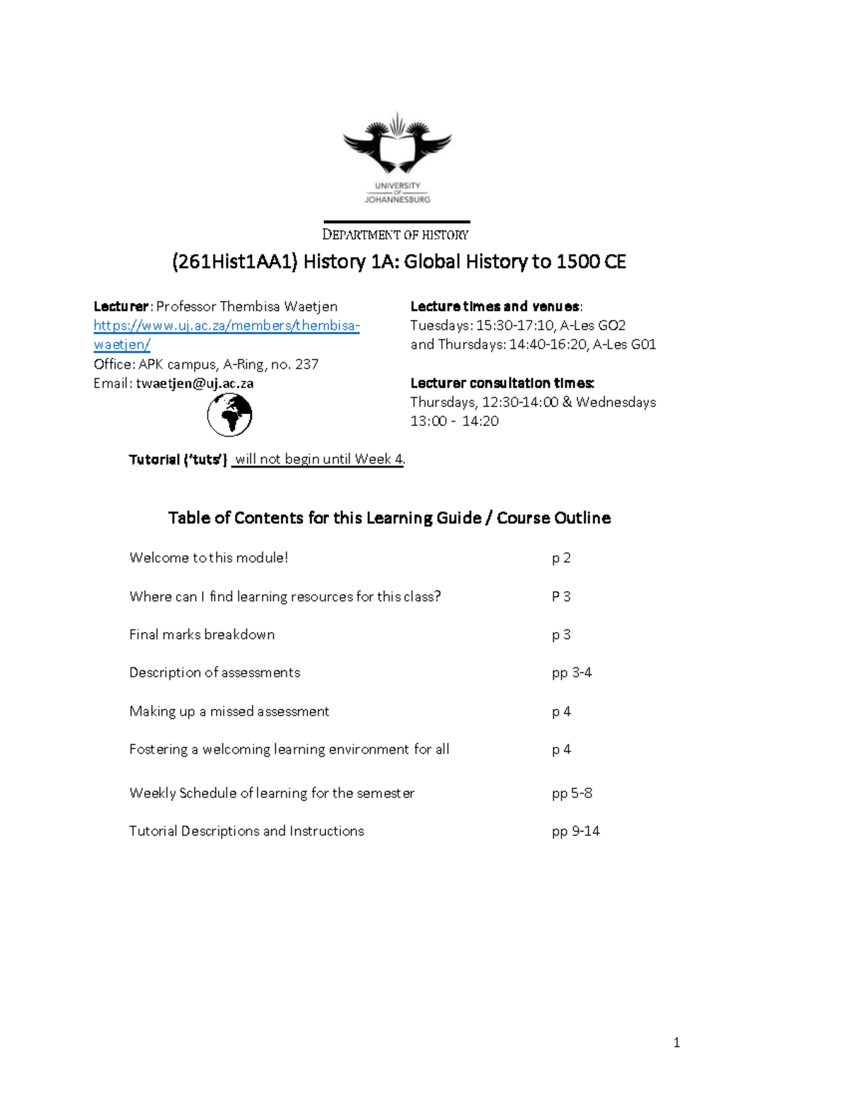 History 1A (261Hist1AA1) Course Outline: Global History to 1500 CE ...