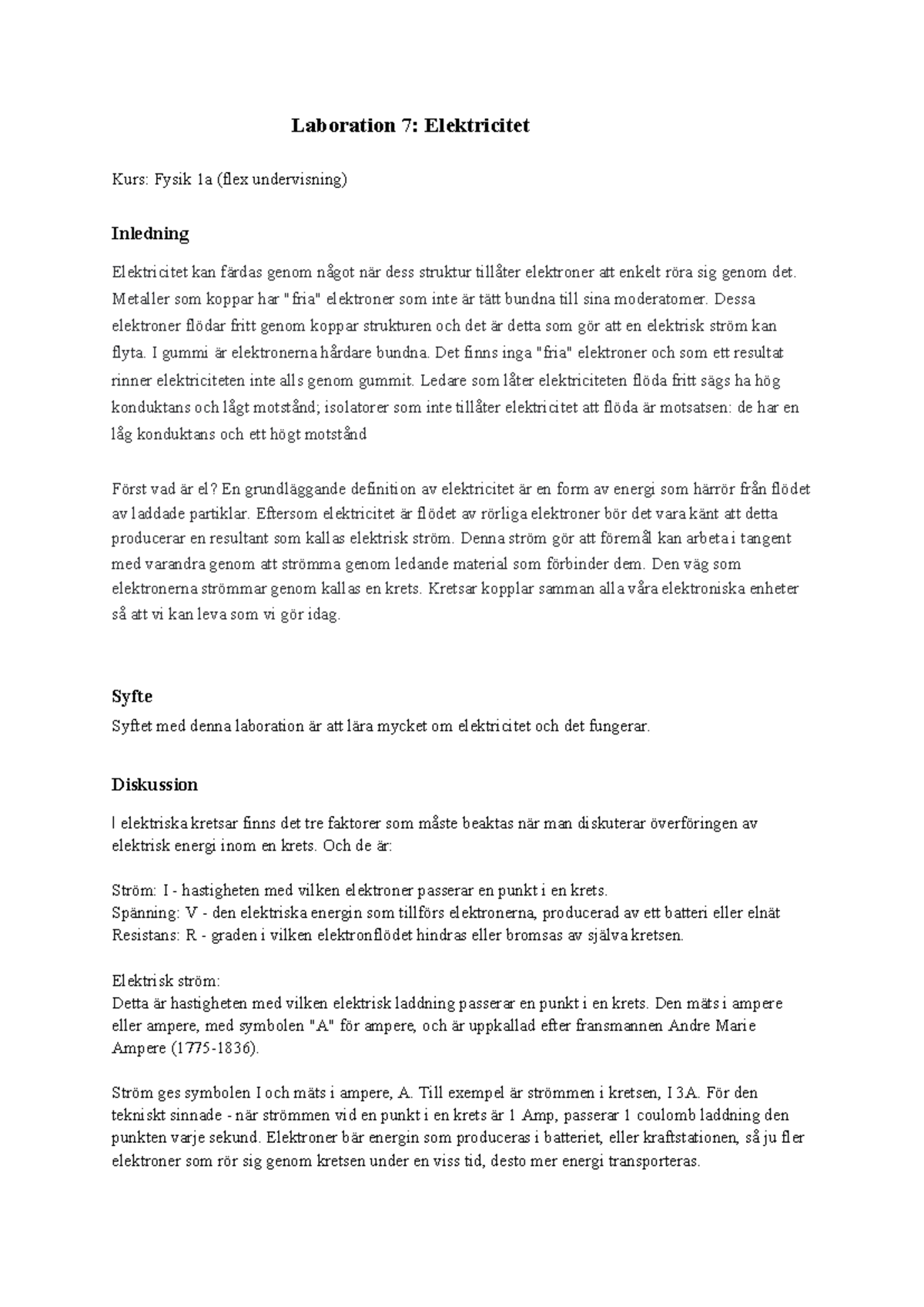 Laboration 7: Elektricitet i Fysik 1a - Förståelse av Kretsar och ...