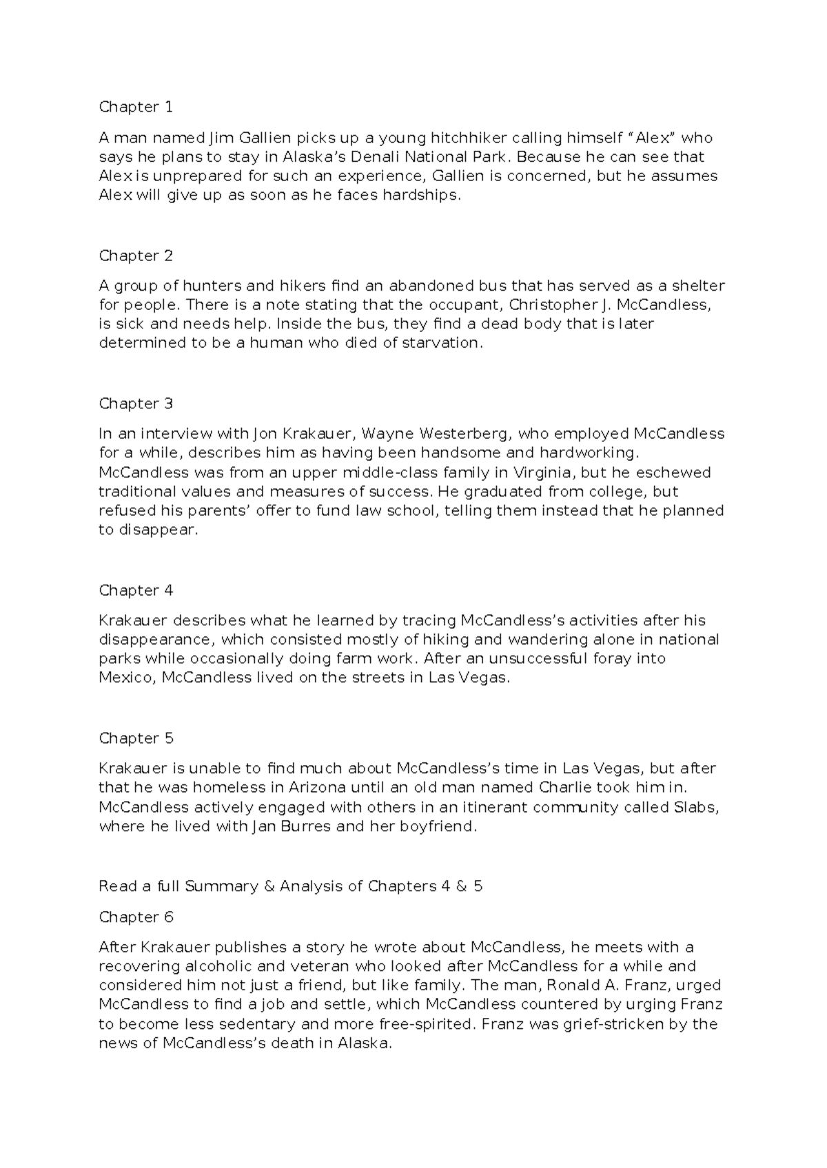 Into the Wild - Chapter 1 to 6 Summary & Analysis - Studeersnel