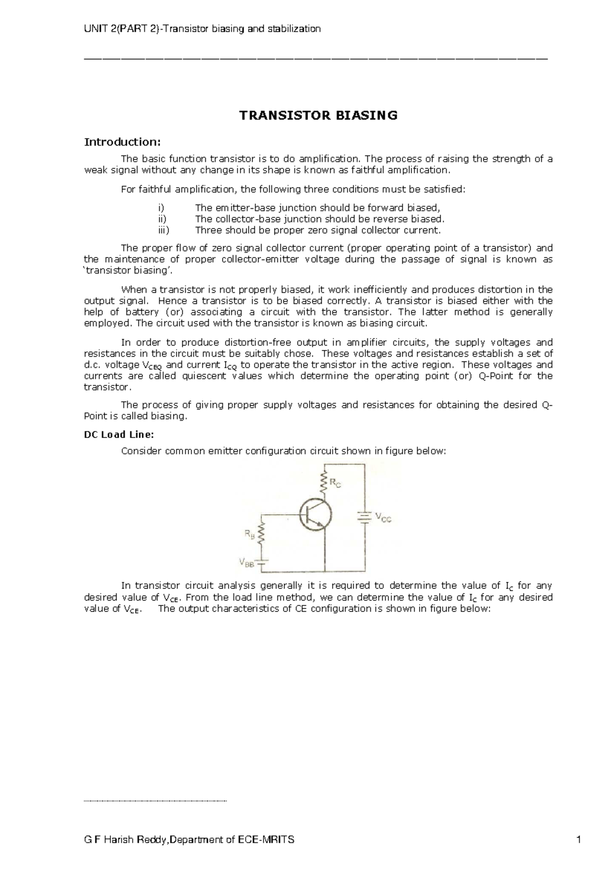 Transistor Biasing and Stabilization Techniques - ECE UNIT 2 V - Department of Electronics and ...