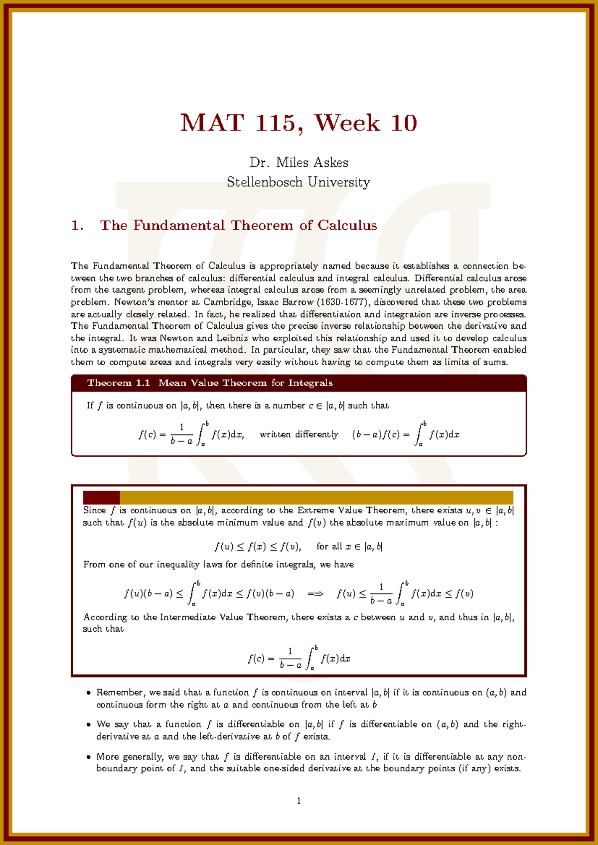 MAT 115, Week 10: Fundamental Theorem of Calculus - Studocu