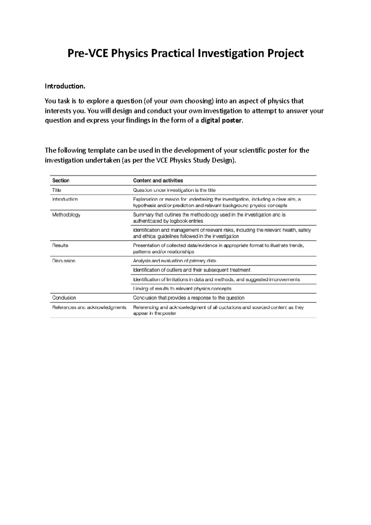 Pre-VCE Physics Practical Investigation Project Guidelines and Template ...