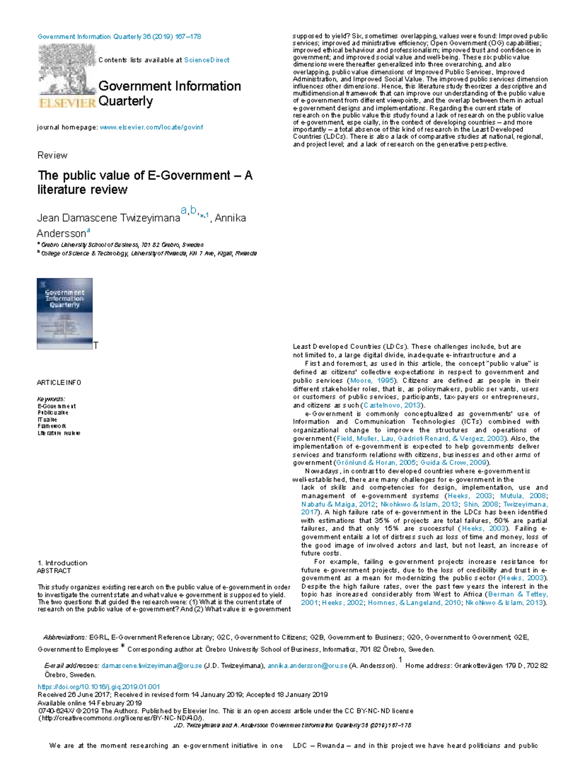 2019 E-Government Public Value: A Comprehensive Literature Review - Studocu