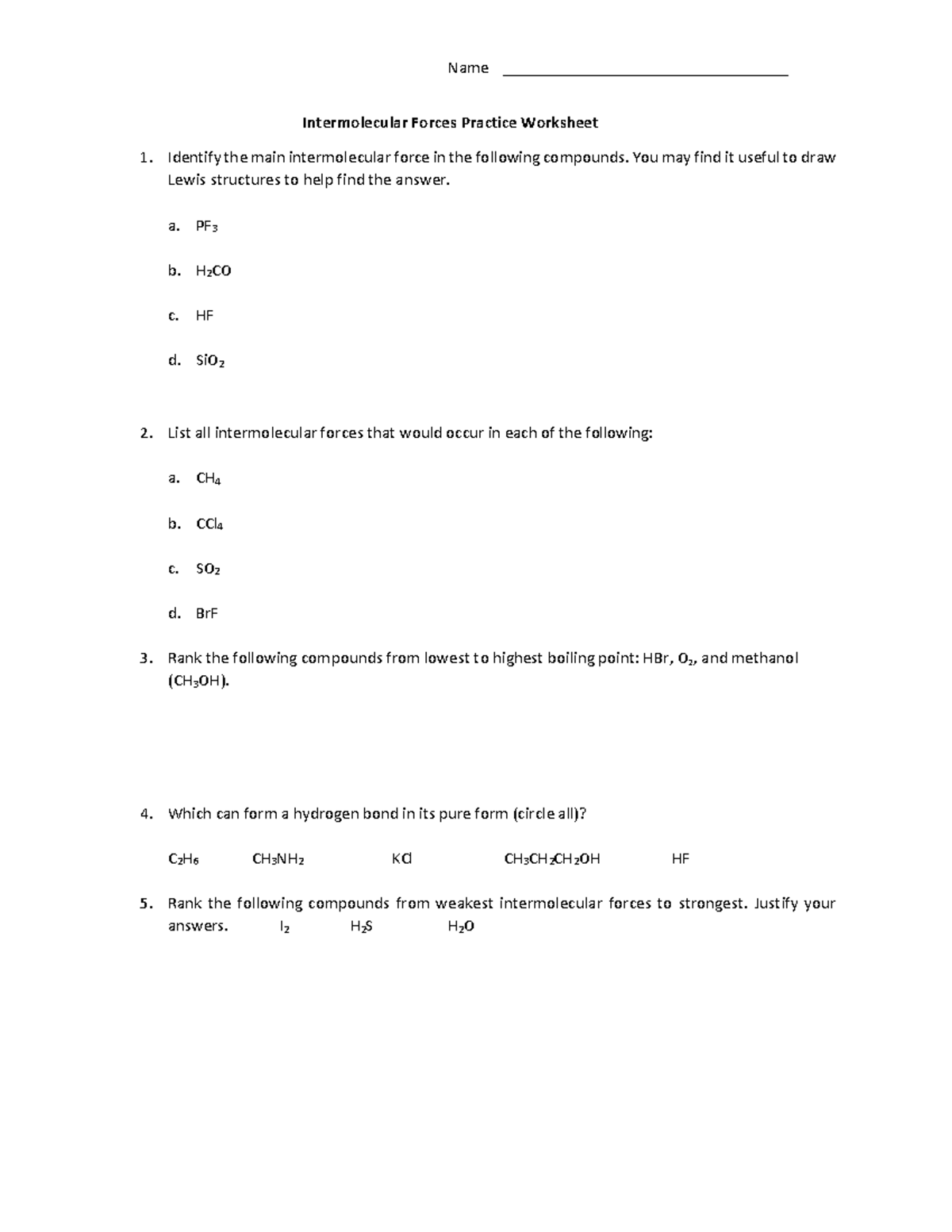 Ch 11 Intermolecular Forces Practice Worksheet - Studocu