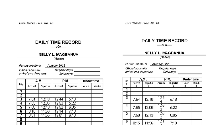 Civil Service Form No. 48: Daily Time Record for January 2022 - Studocu