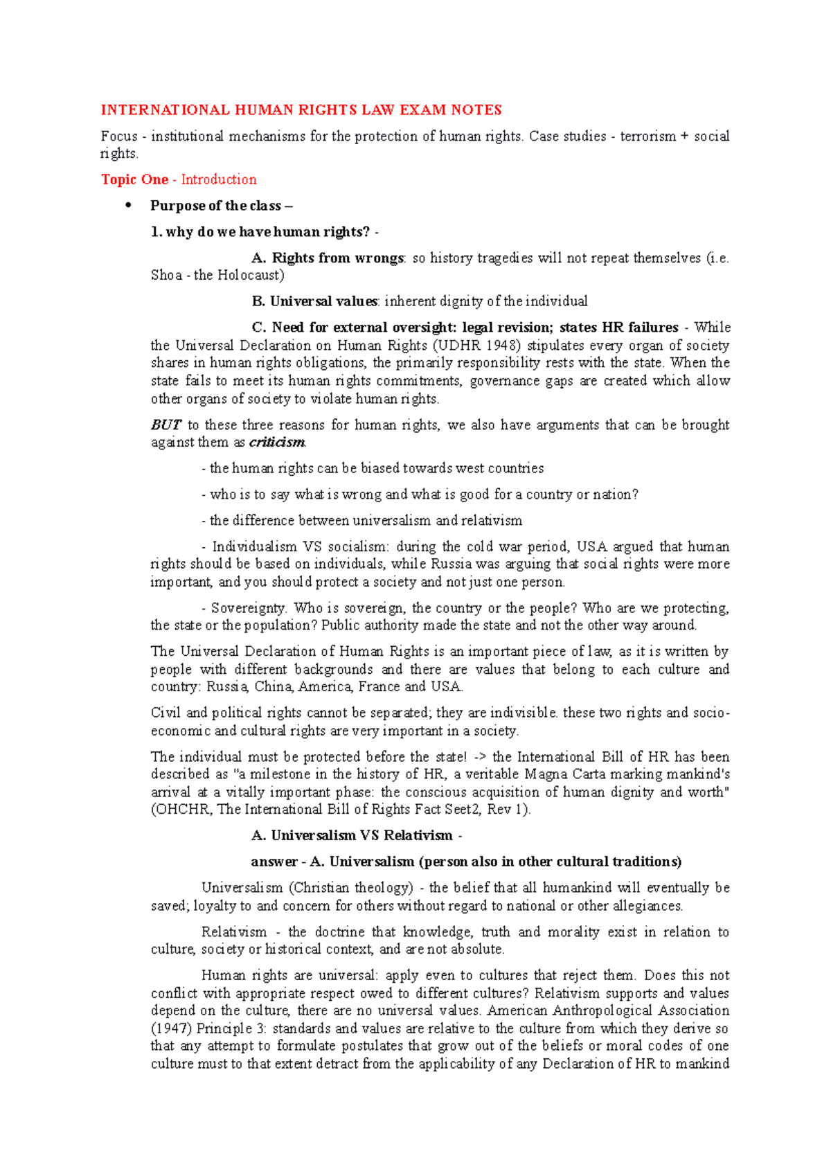 International Human Rights Law Exam Notes (IHRL 101) - Studocu