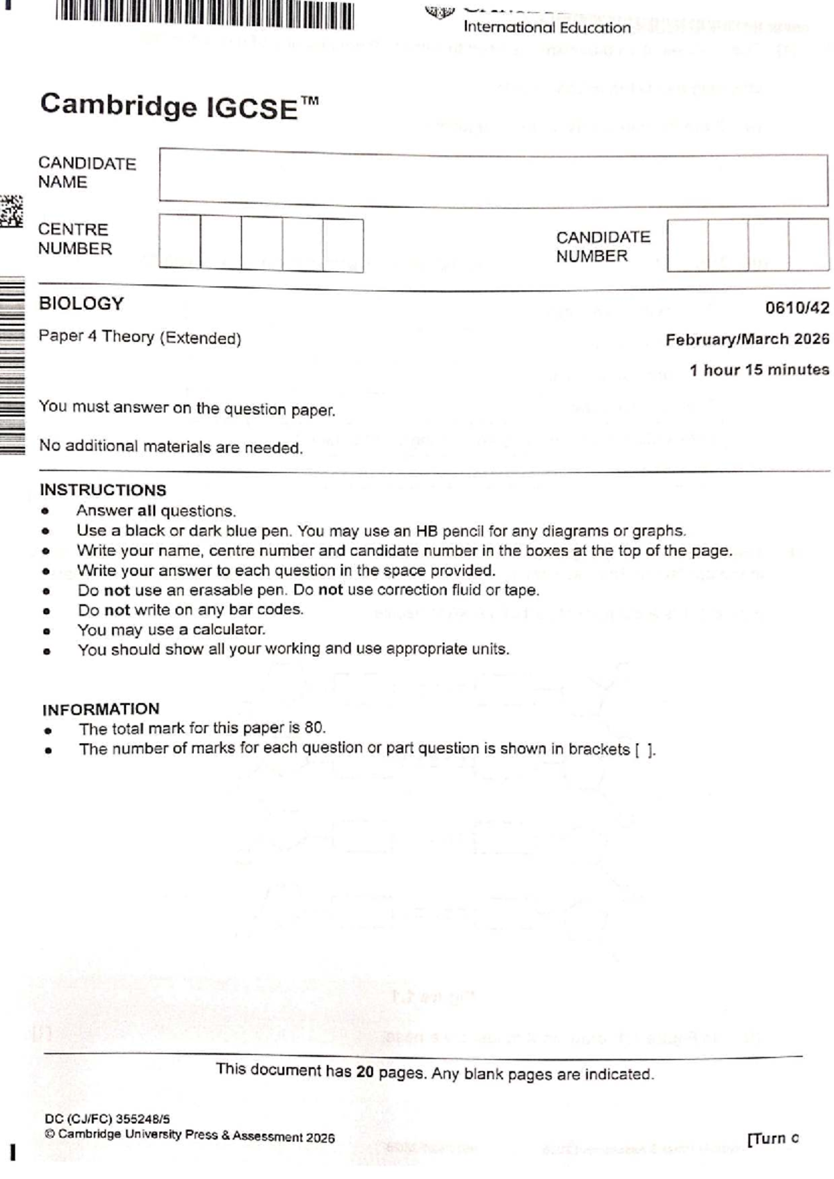 Biology 0610/04 Extended Theory Paper 2026 Exam Guide - Studocu