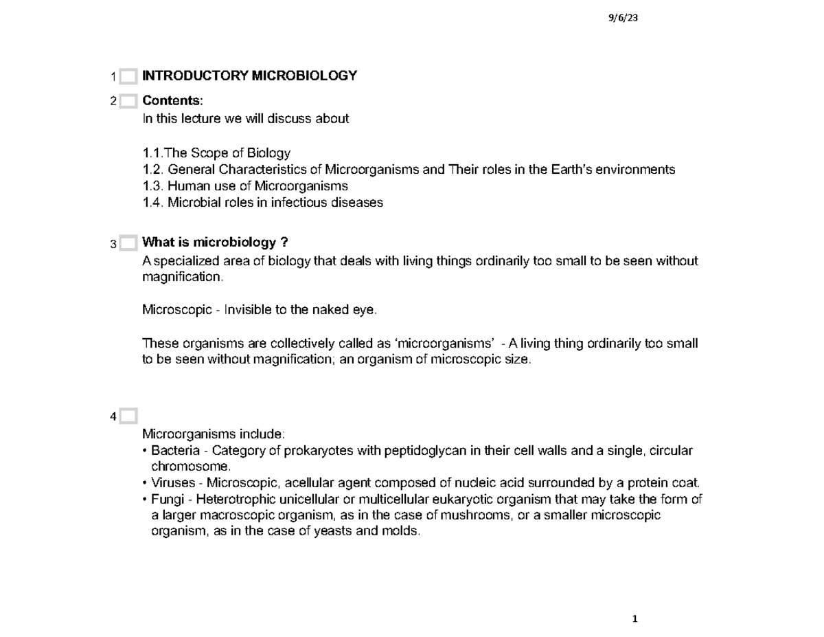 Lecture Chapter 1-The Scope of Microbiology - 9/6/ INTRODUCTORY ...
