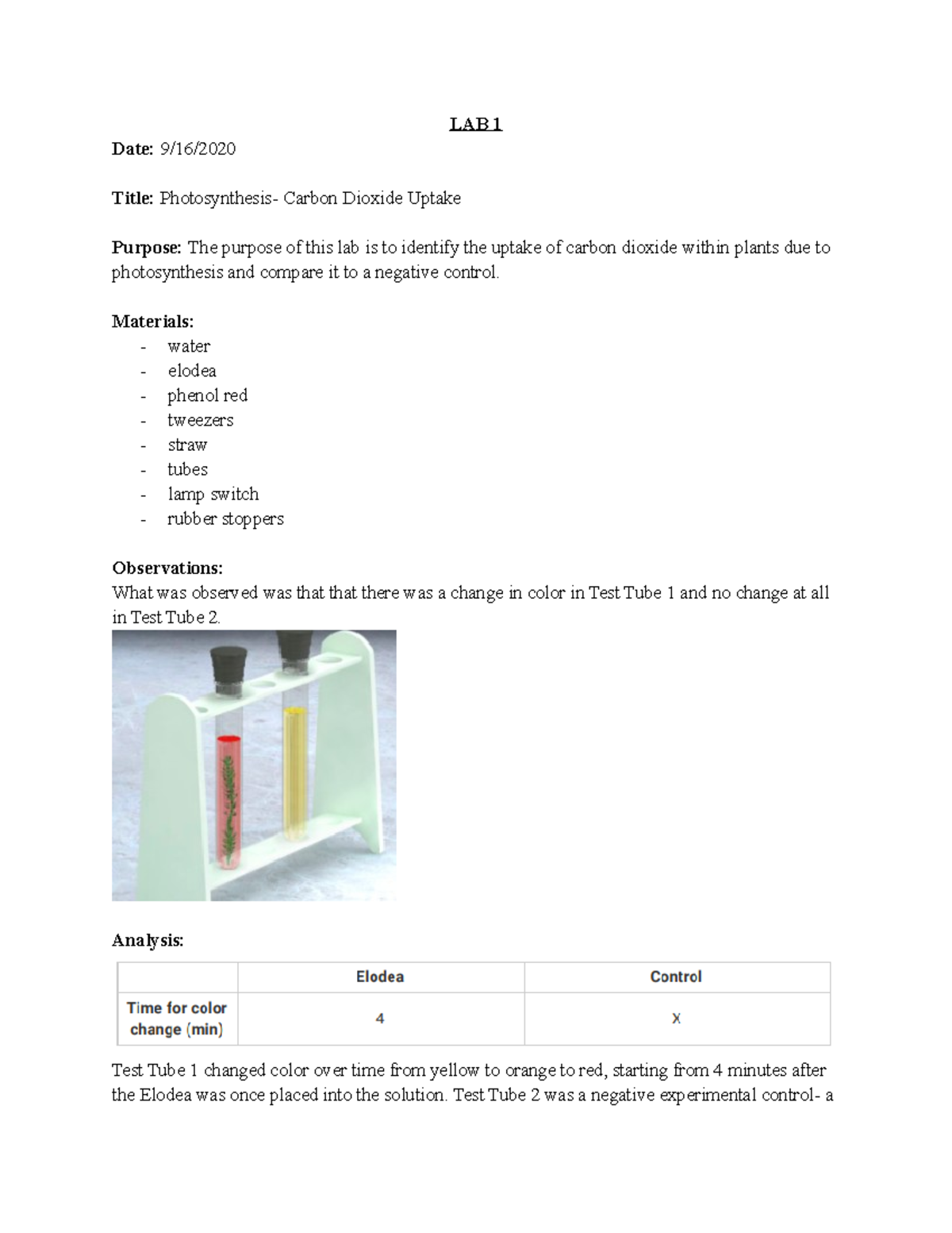 Photosynthesis - carbon dioxide uptake - LAB 1 Date: 9/16/ Title ...