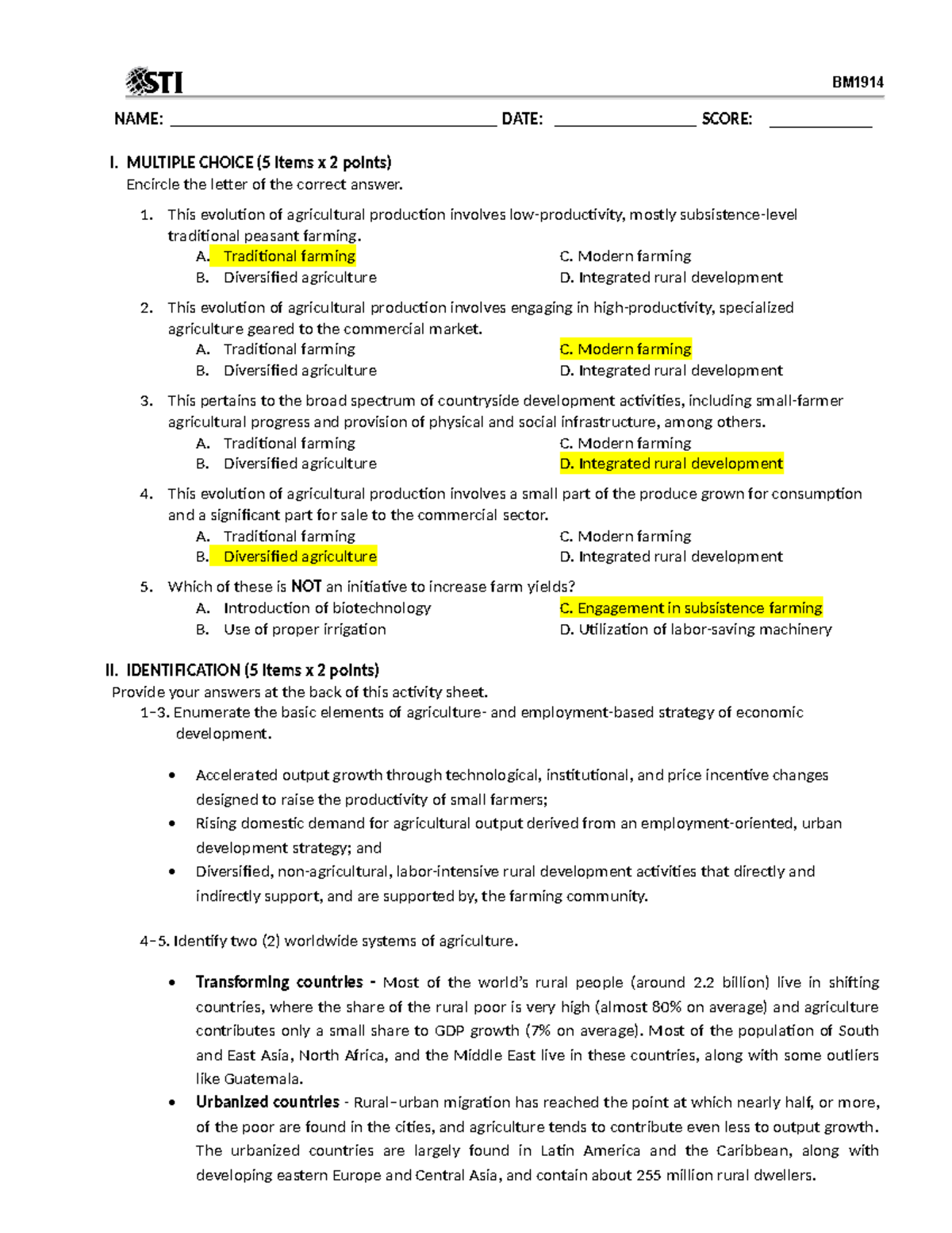 09 Quiz 1(4) Econ - Economic Development: Agriculture Insights - Studocu