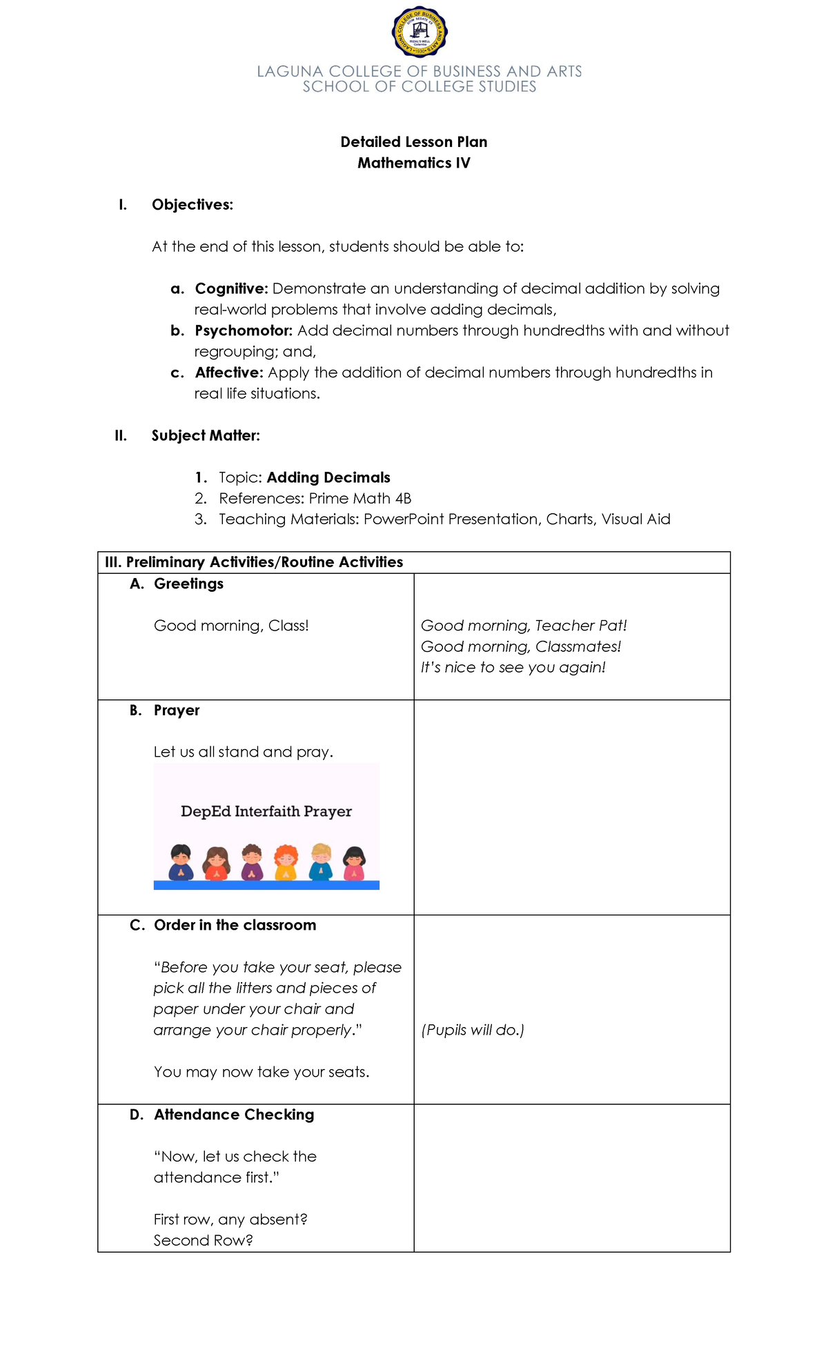 DLP MATH 4: Detailed Lesson Plan on Adding Decimals for Demo - Studocu