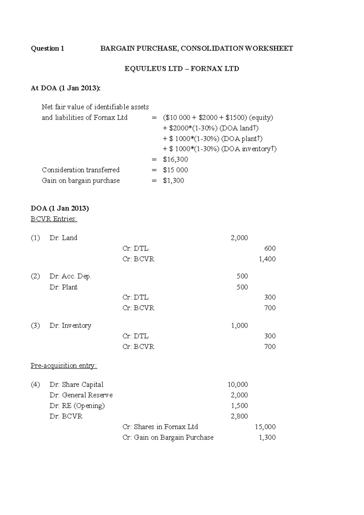 Assignment 1 - solution - Question 1 BARGAIN PURCHASE, CONSOLIDATION ...