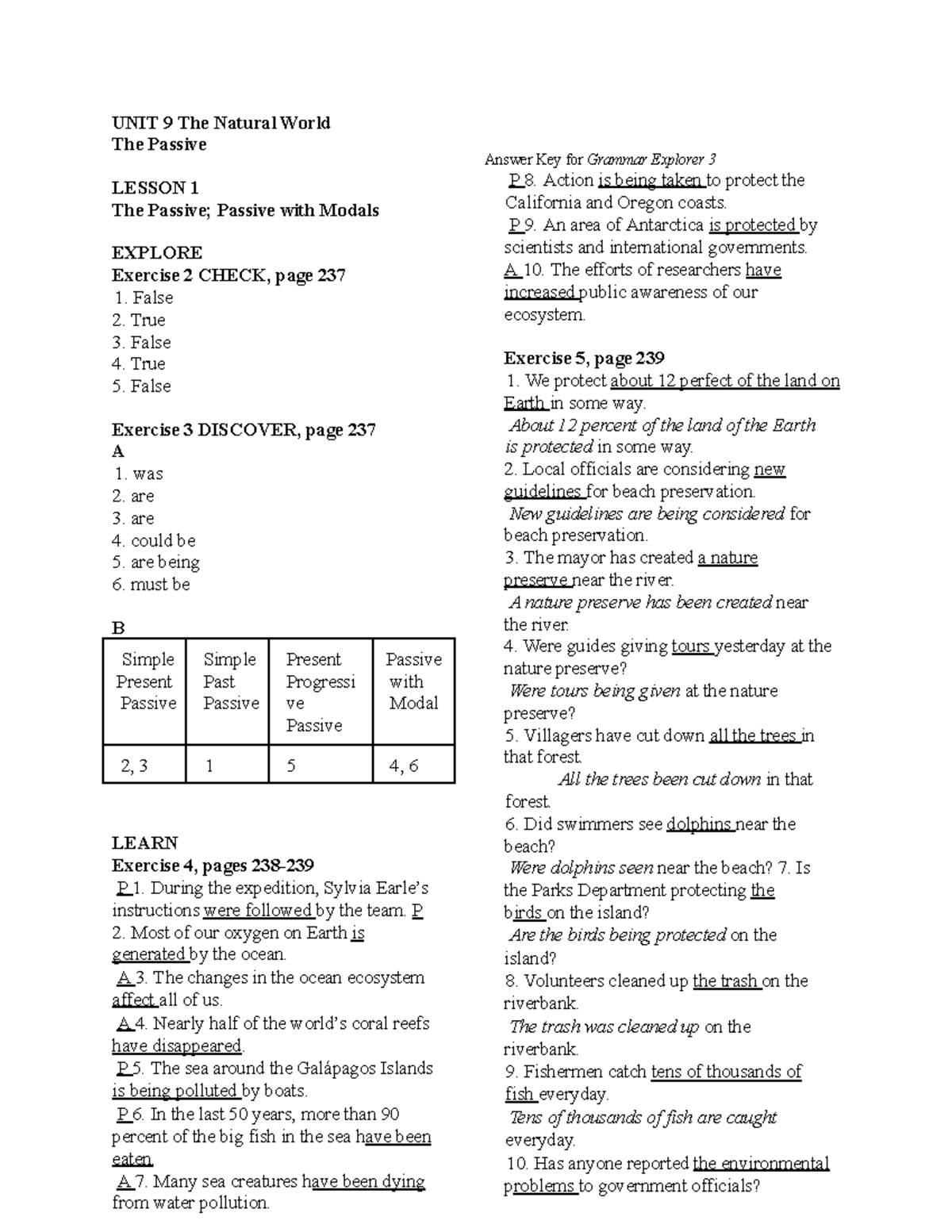 Passive Voice Answer Key for Grammar Explorer 3 (Unit 9) - Studocu