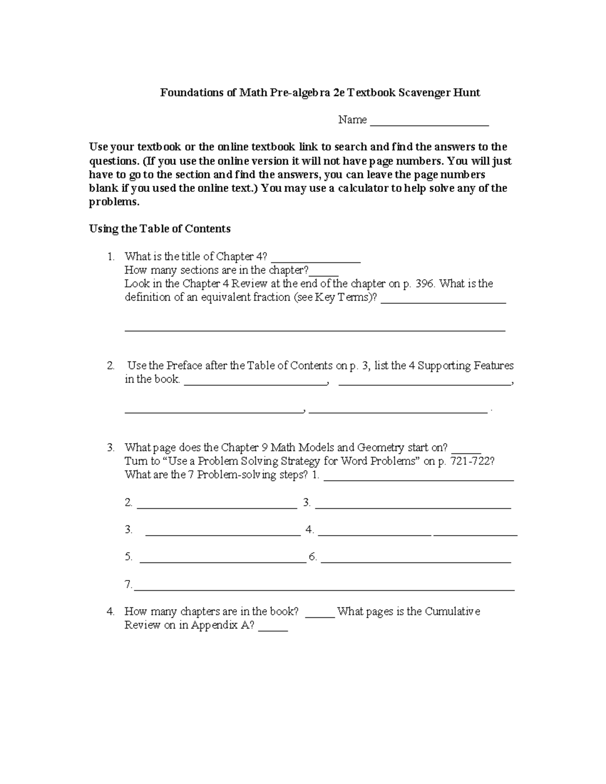 Foundations of Math Pre-algebra 2e Text book Scavenger Hunt-1 ...