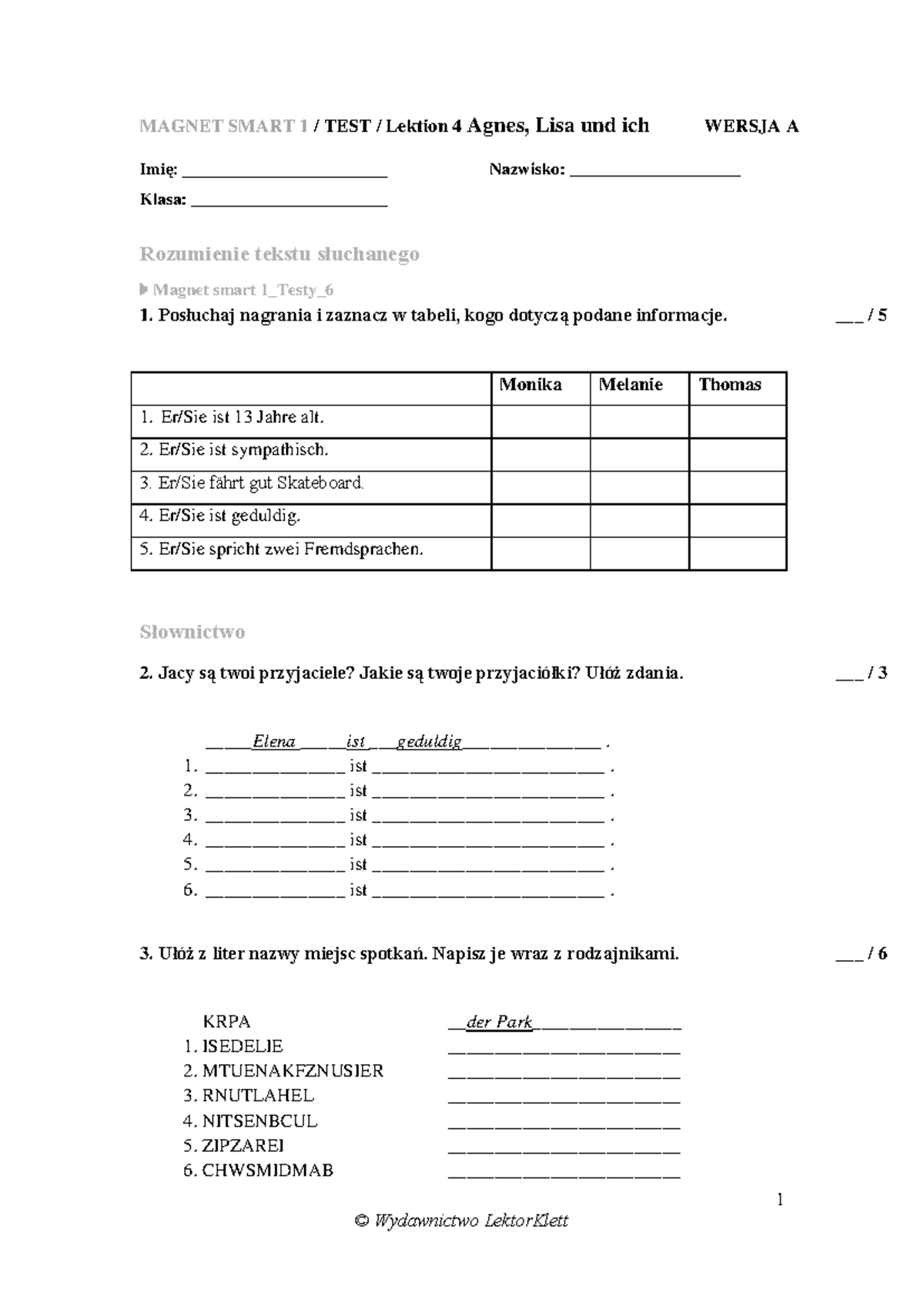 Magnet Smart 1 Test 4 Wersja A: Słuch i Gramatyka - Studocu