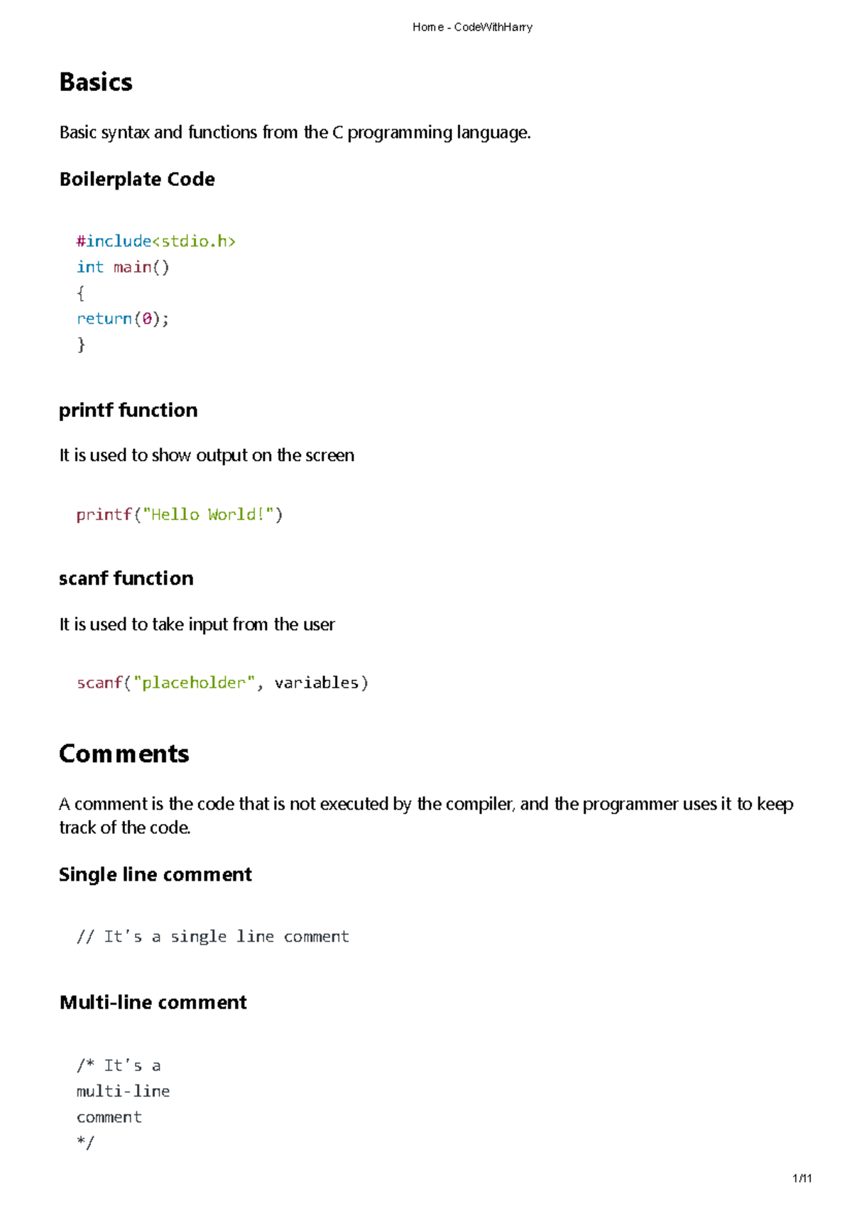 C Cheatsheet Code With Harry - Basics Basic syntax and functions from the C programming language ...