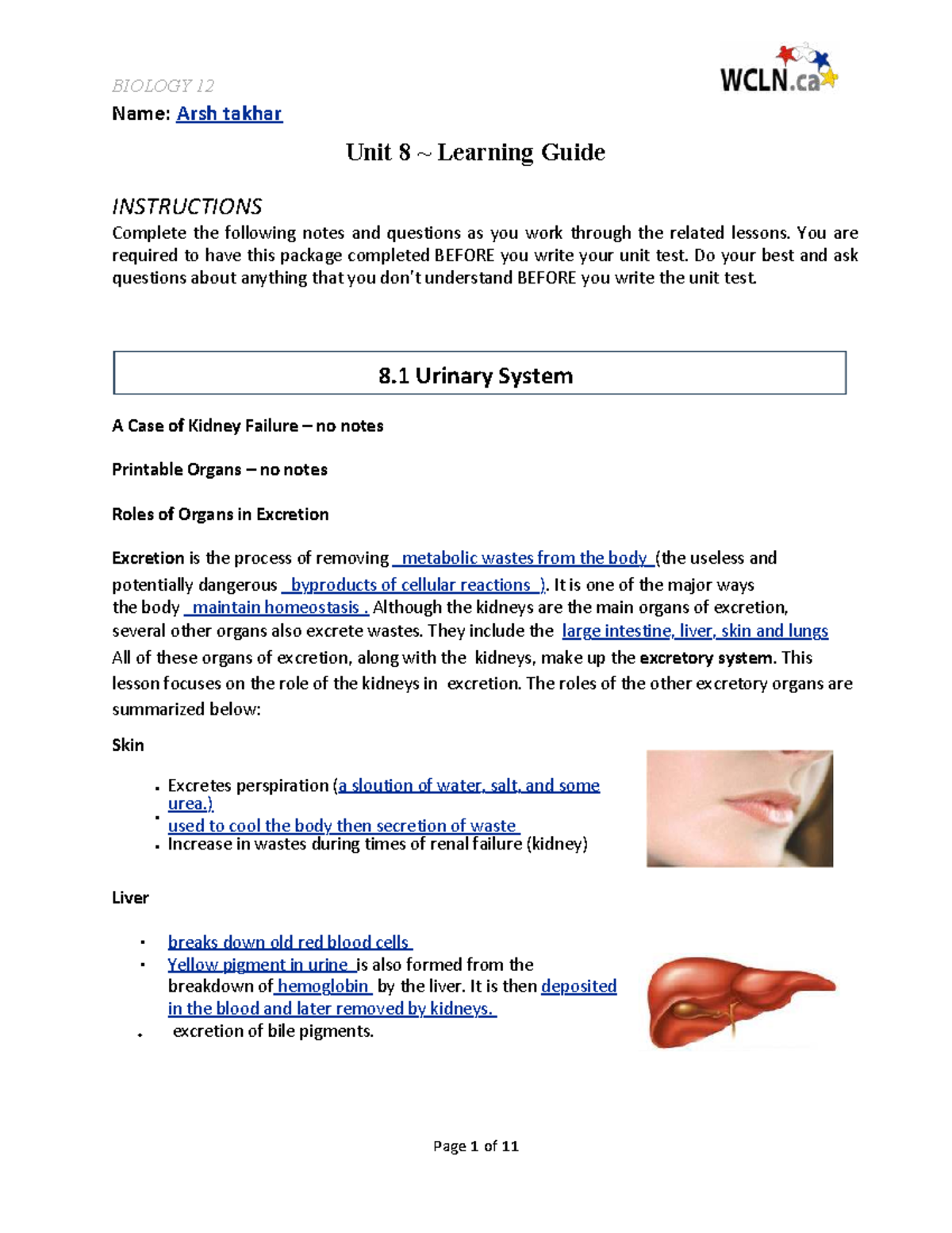 BIOLOGY 12 Unit 8 Learning Guide: Urinary System - Studocu
