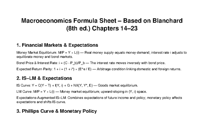 Macroeconomics Formula Sheet: Blanchard Chapters 14-23 Overview ...