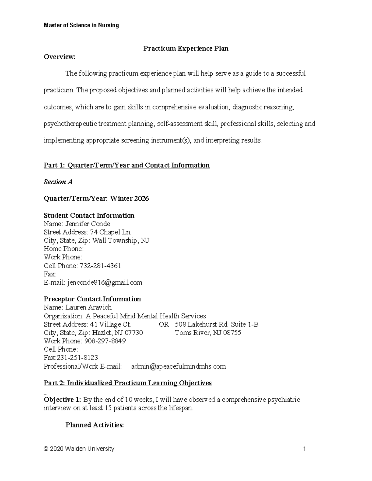 Master of Science in Nursing (MSN) Practicum Experience Plan - Studocu