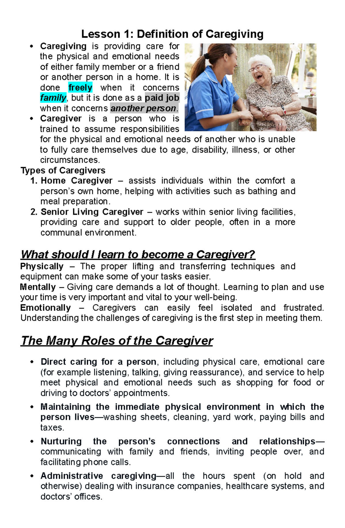 Lesson 1: Understanding the Fundamentals of Caregiving - Studocu