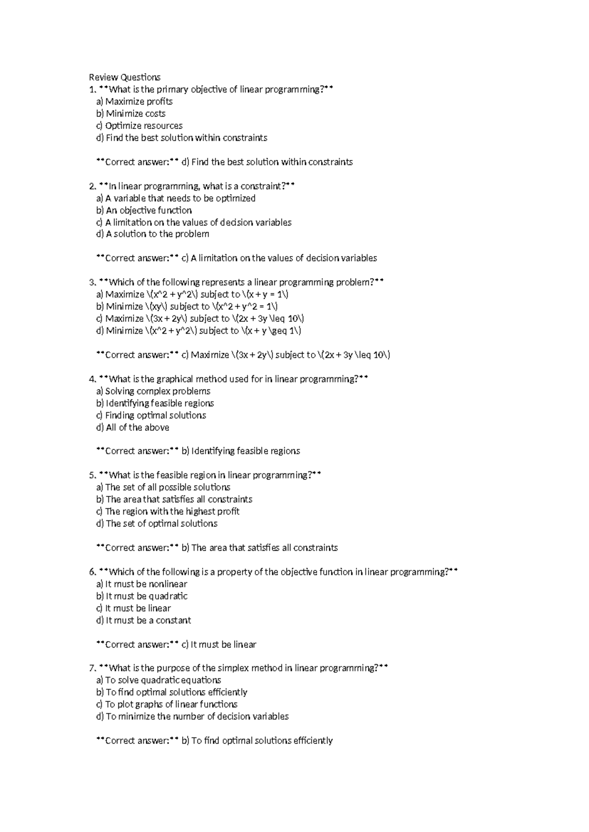 Linear Programming Review MCQs: Transportation & Assignment Models - Studocu