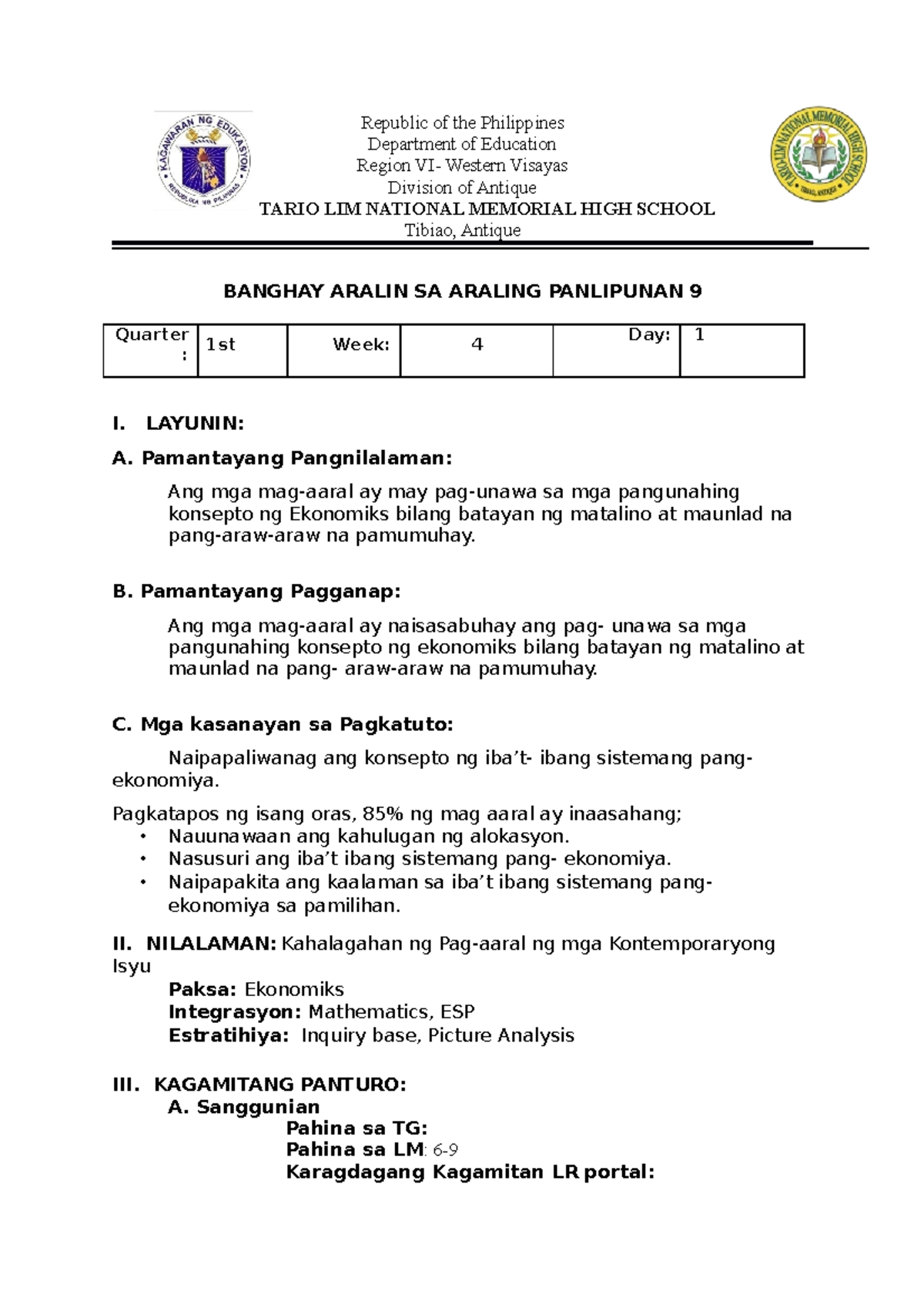 Lesson Plan for Araling Panlipunan 9 - 1st Quarter Activities - Studocu