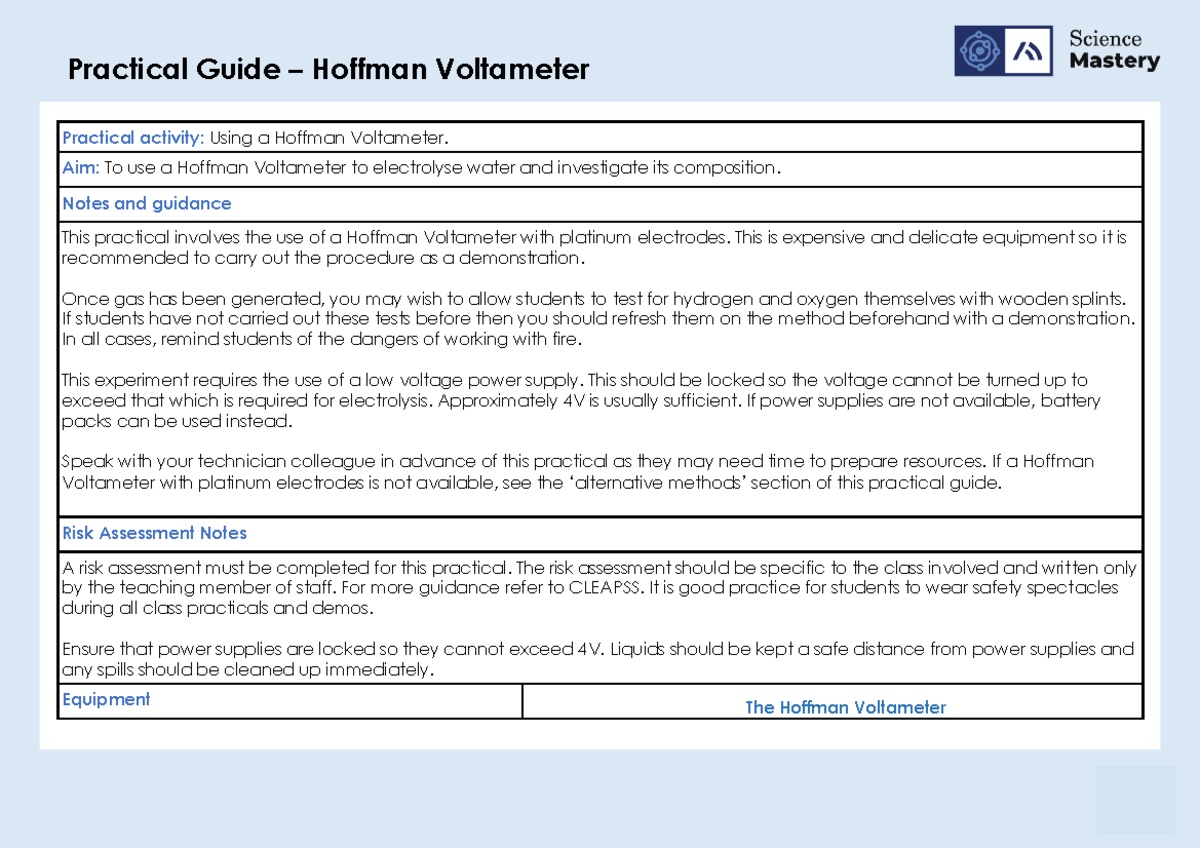 C4.2 Hoffman Voltameter - GCSE Practical Experiment Guide - Studocu