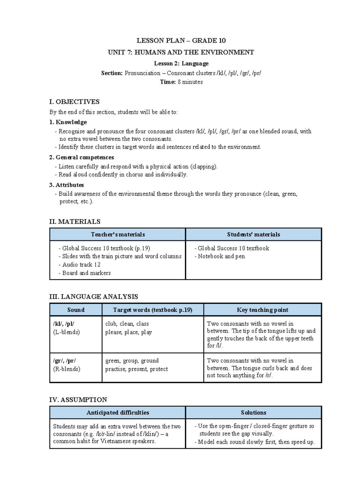 LESSON PLAN GRADE 10 UNIT 7: HUMANS & ENVIRONMENT - Pronunciation - Studocu