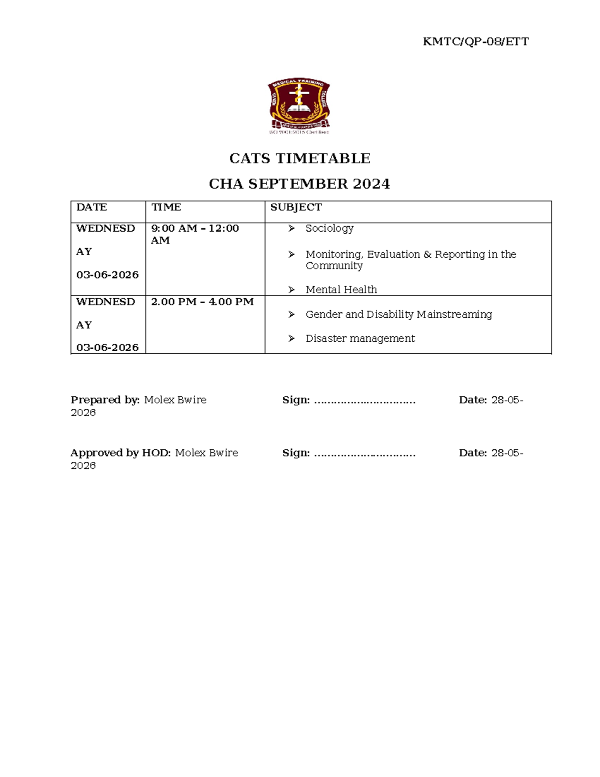 CATS Exam Timetable for June 2026 - Studocu