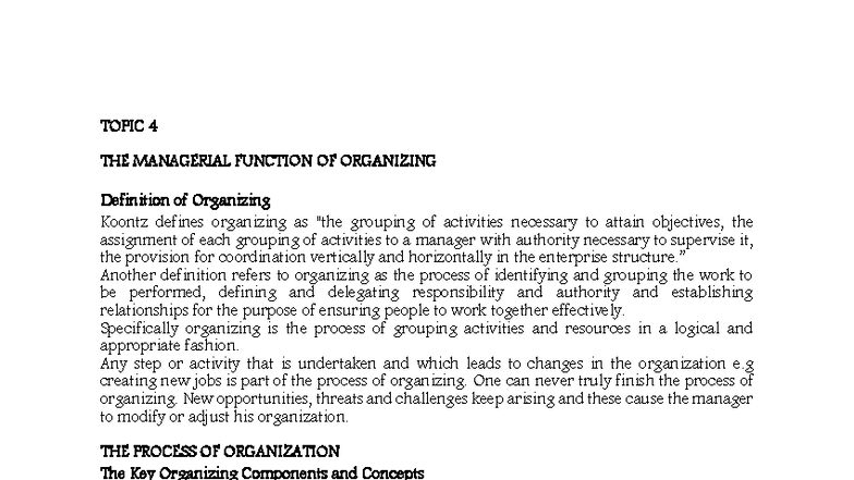 Organizing Function HALF 2025 - TOPIC 4 THE MANAGERIAL FUNCTION OF ...
