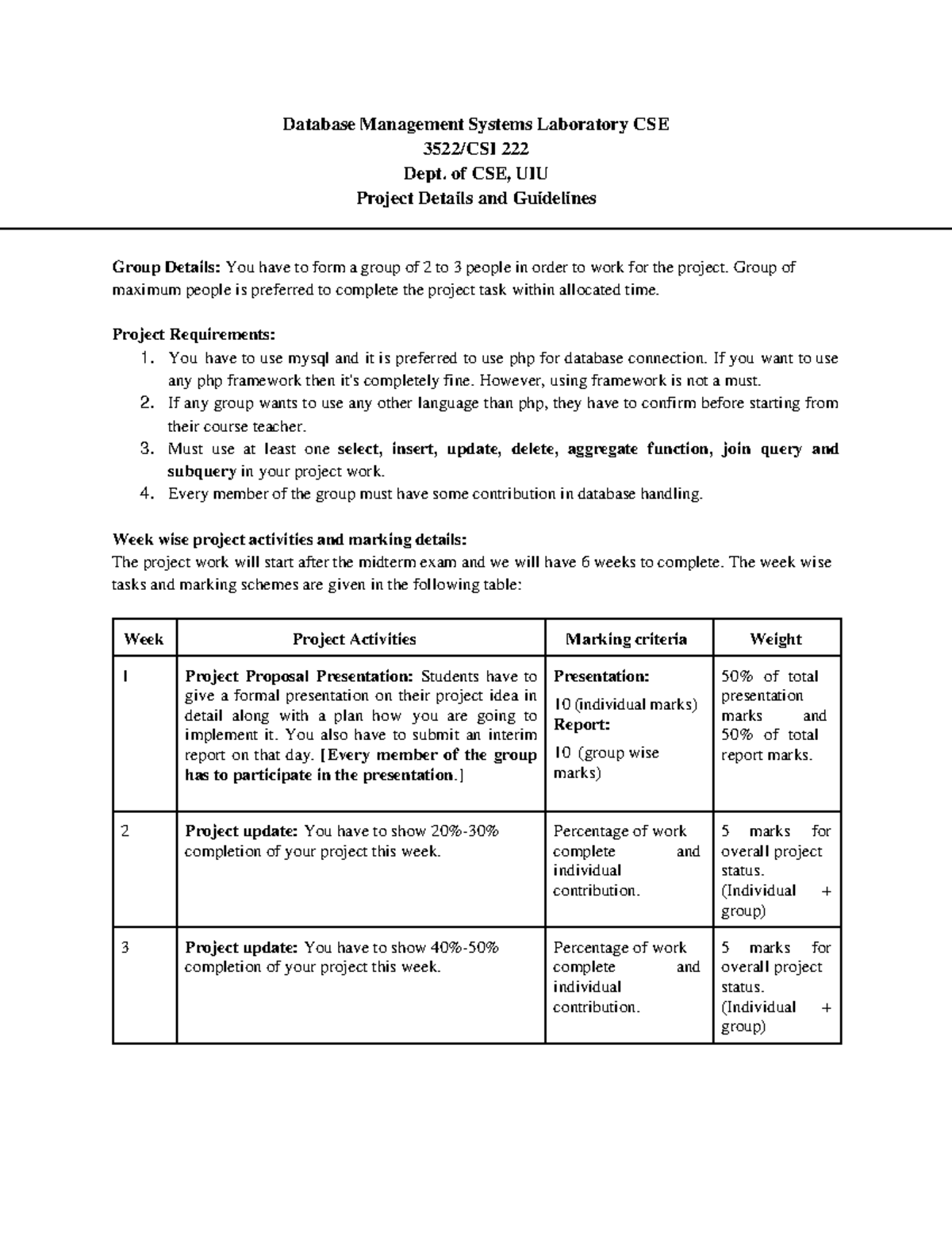 CSE 3522/CSI 222 Project Guidelines: Complete Database Lab Tasks - Studocu