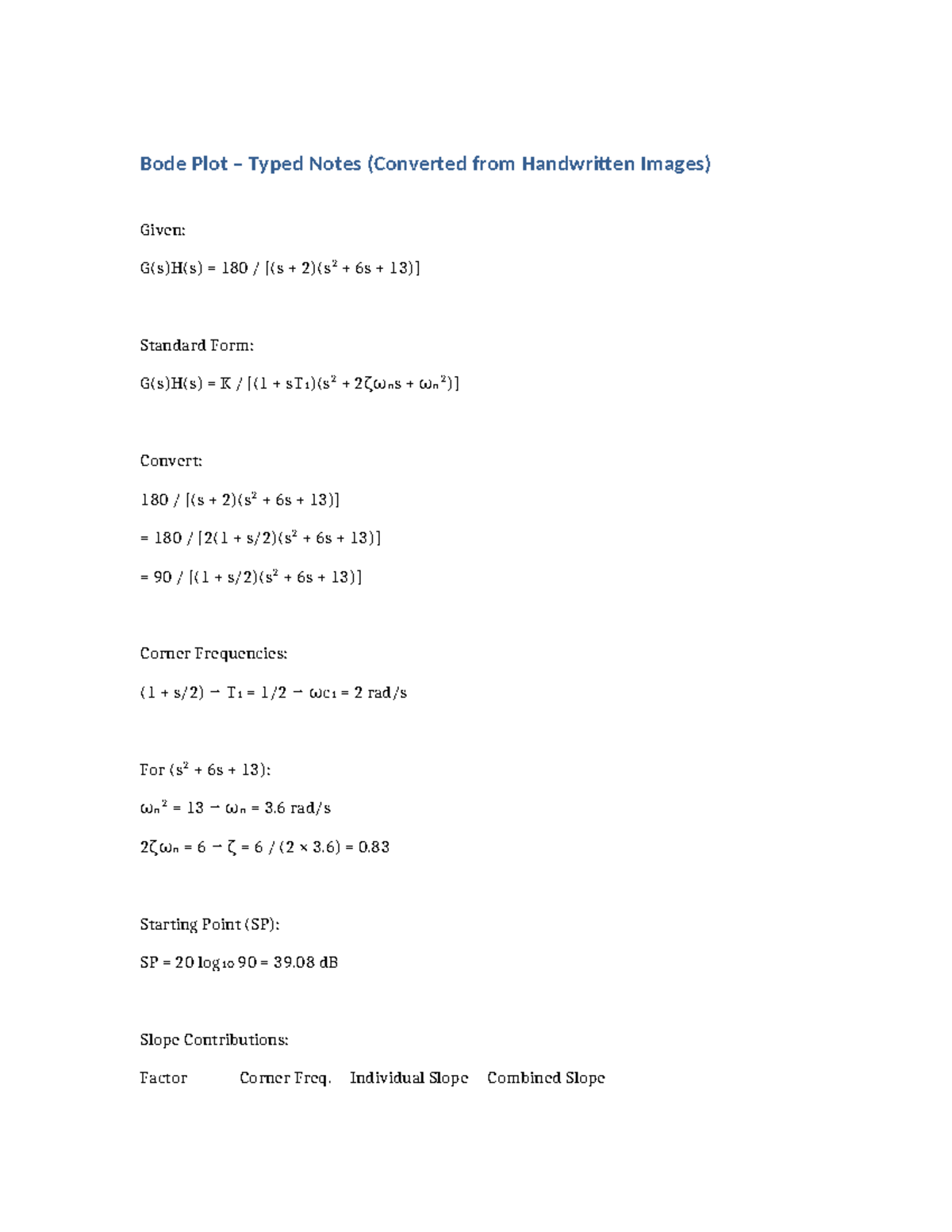 Bode Plot Notes for G(s)H(s) - Standard Form Analysis - Studocu