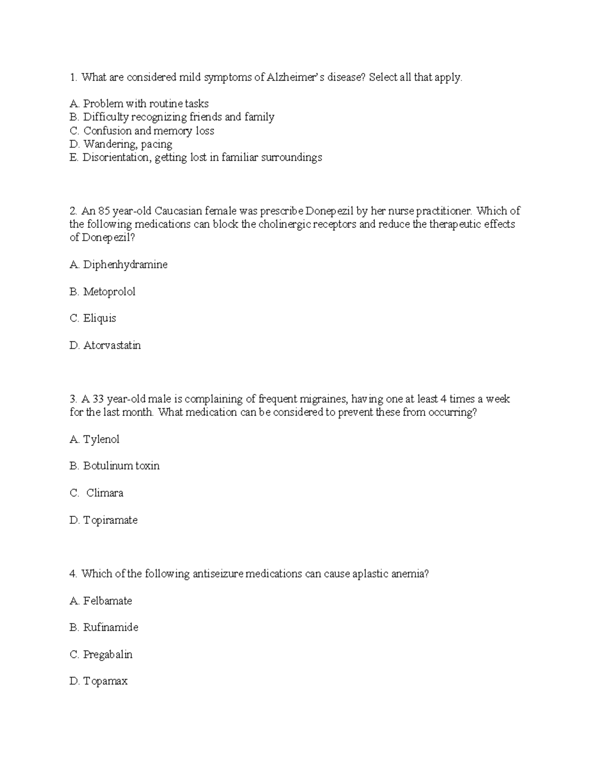 NR566 Quiz Example Questions Week 1 - Alzheimer’s & Medications - Studocu