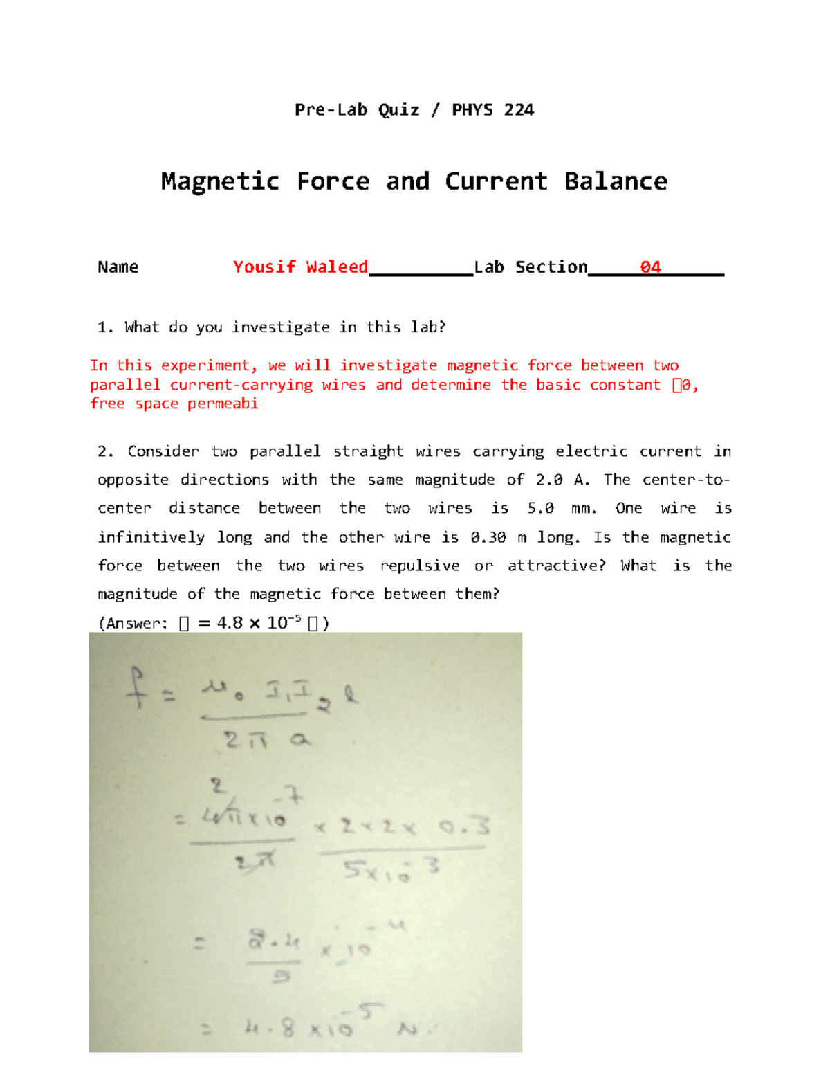 Pre-Lab Quiz - PHYS 224 - Magnetic Force Analysis for Lab 7 - Studocu