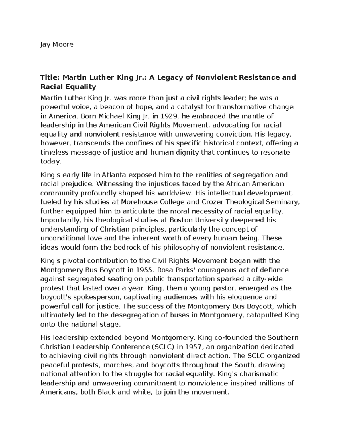 MLK Essay: A Legacy of Nonviolent Resistance and Equality - Studocu