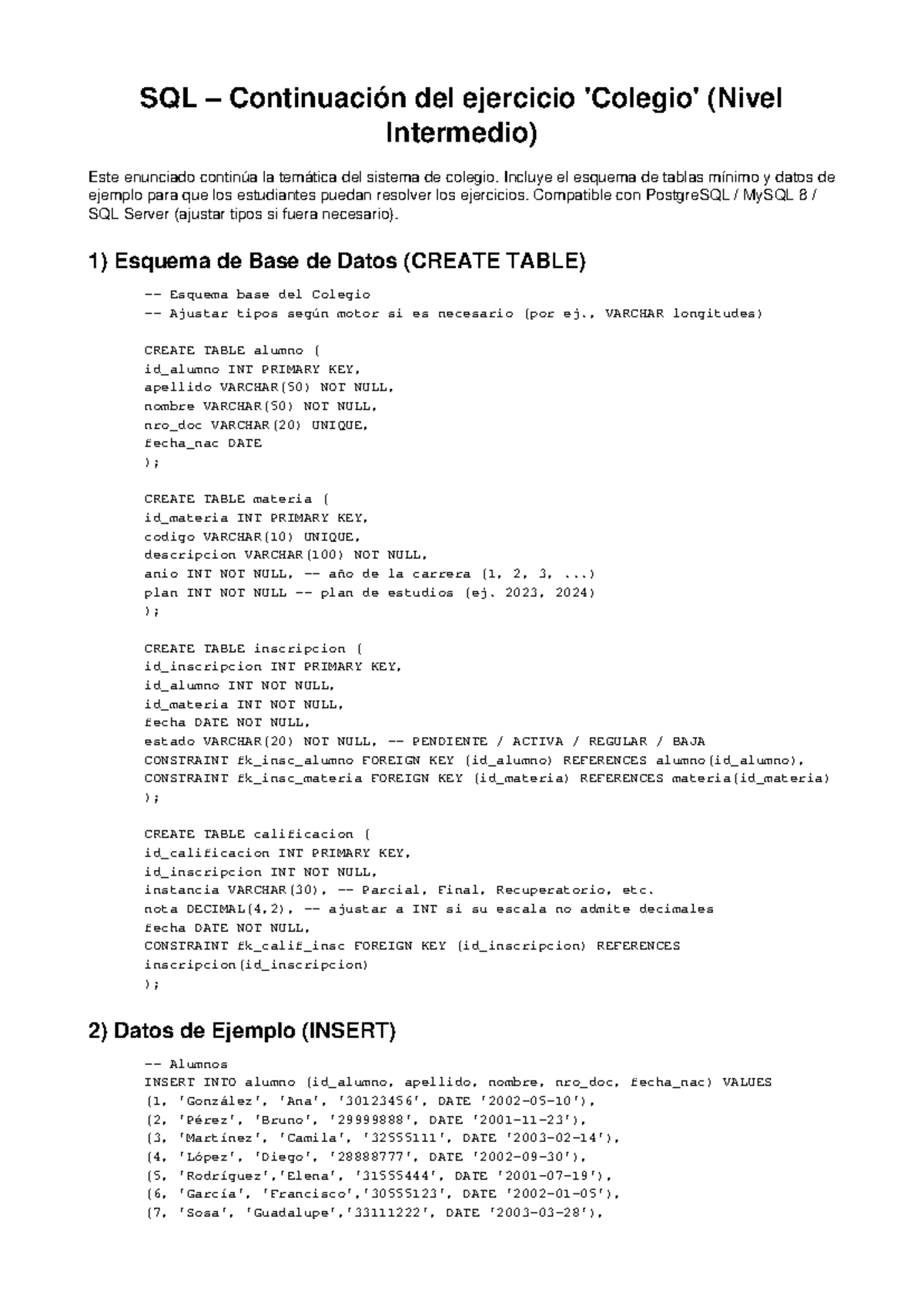 Ejercicios SQL2: Continuación del Sistema de Colegio (Nivel Intermedio ...